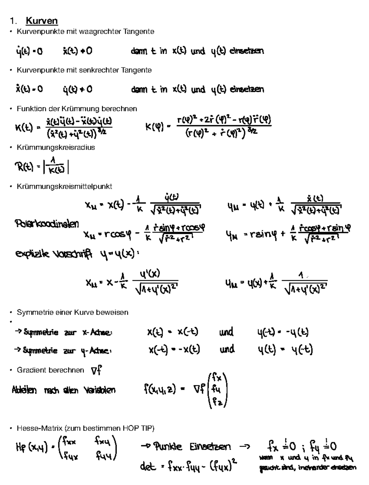 Formelsammlung - Mathe 2 - 1. Kurven Kurvenpunkte mit waagrechter Tangente Kurvenpunkte mit ...