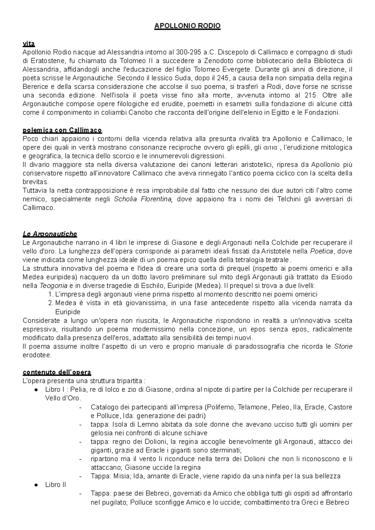 Apollonio Rodio - Riassunto del libro con integrazione delle lezioni in ...