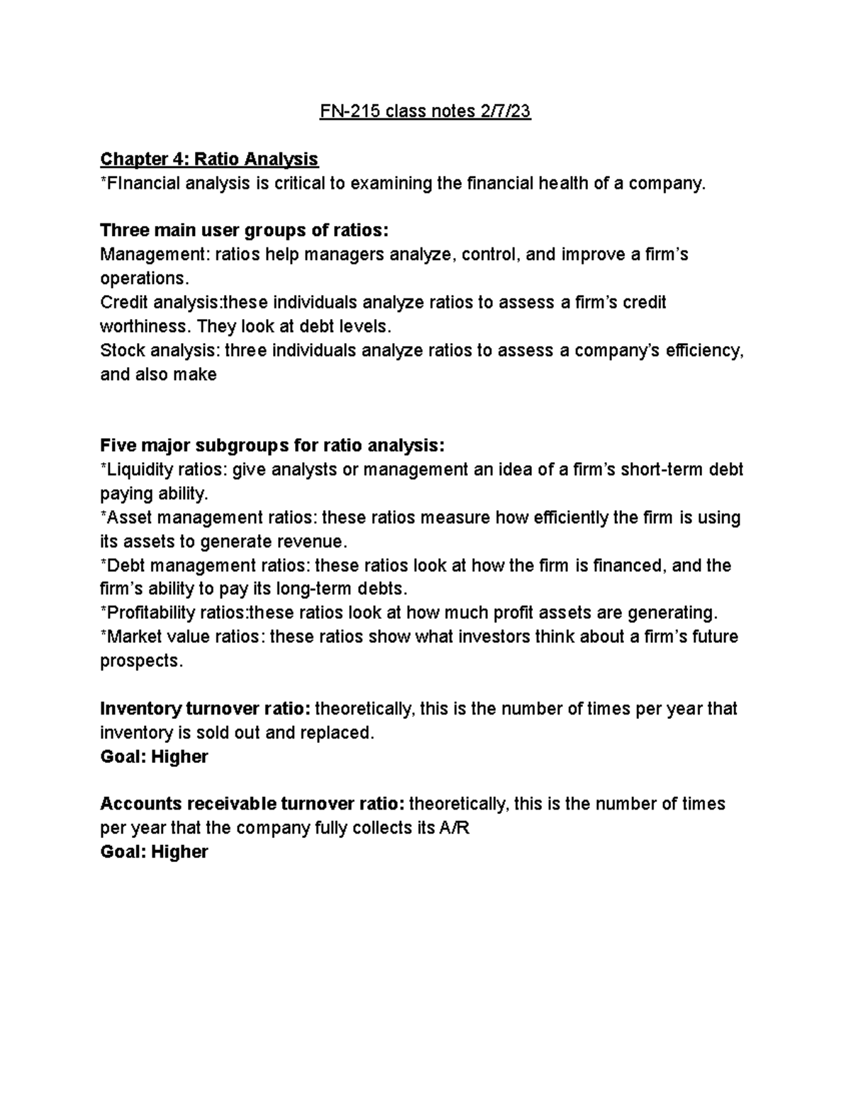 FN-215 class notes 2 7 23 - FN-215 class notes 2/7/ Chapter 4: Ratio ...