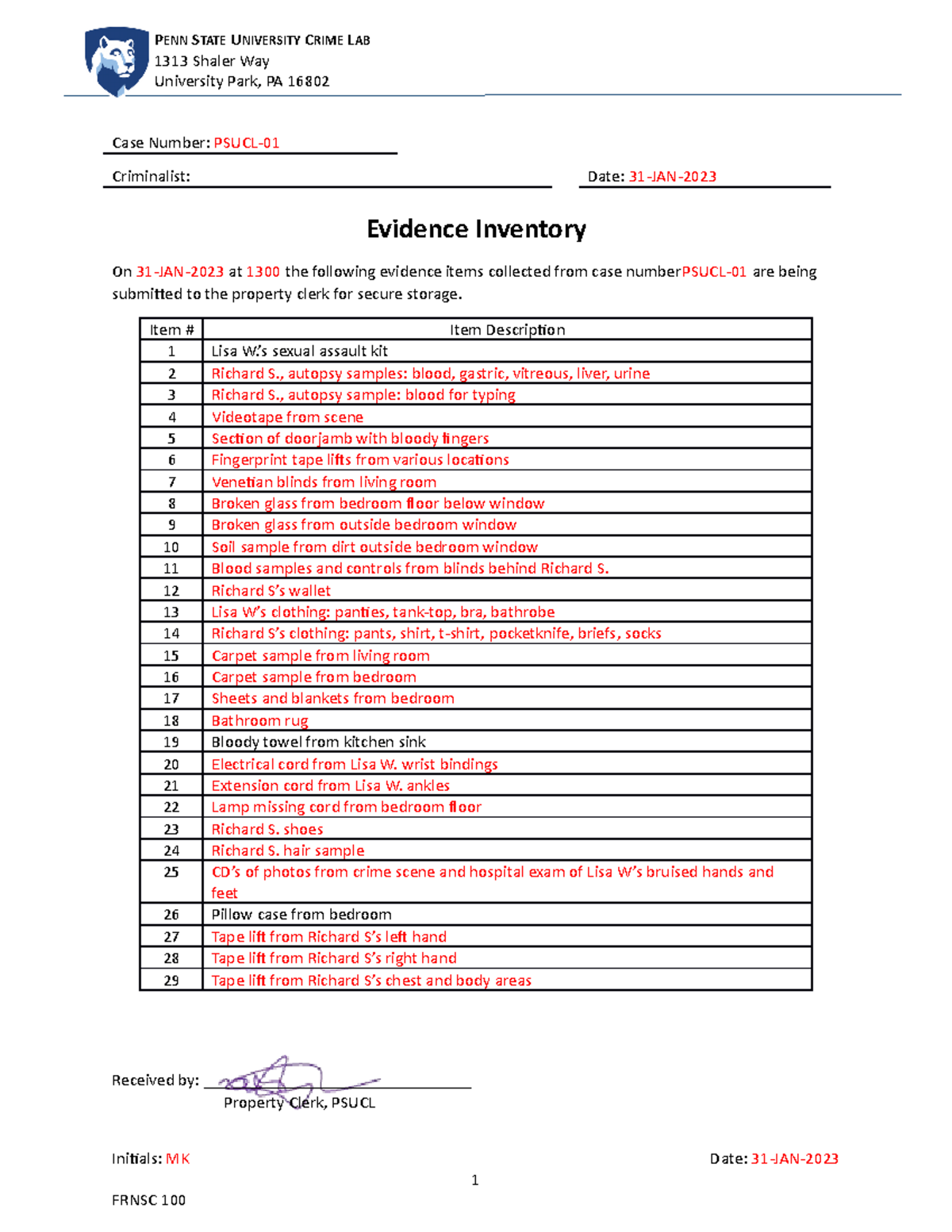 Case Notes psu- Evidence Inventory - PENN STATE UNIVERSITY CRIME LAB ...