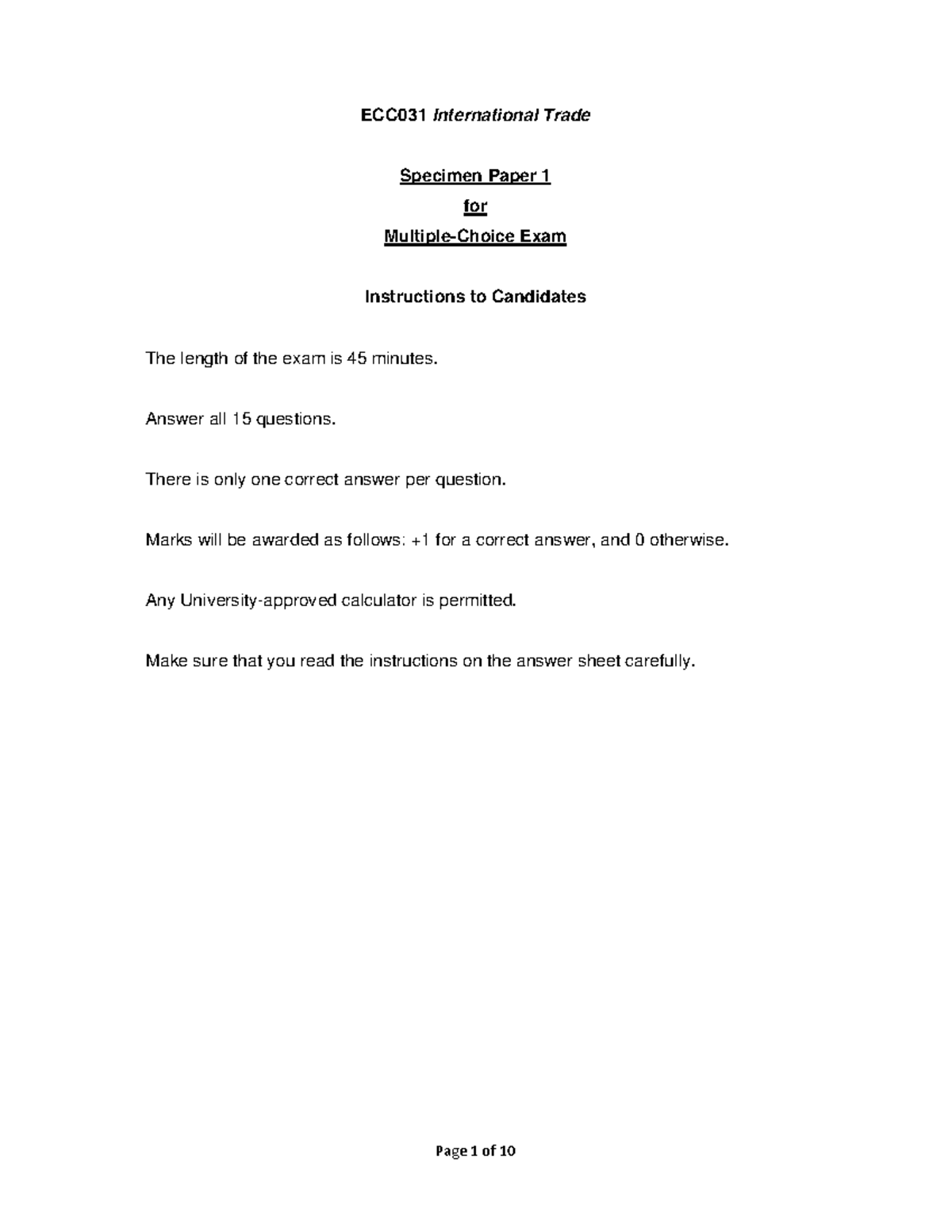 Multiple Choice Exam - ECC031 International Trade Specimen Paper 1 for ...