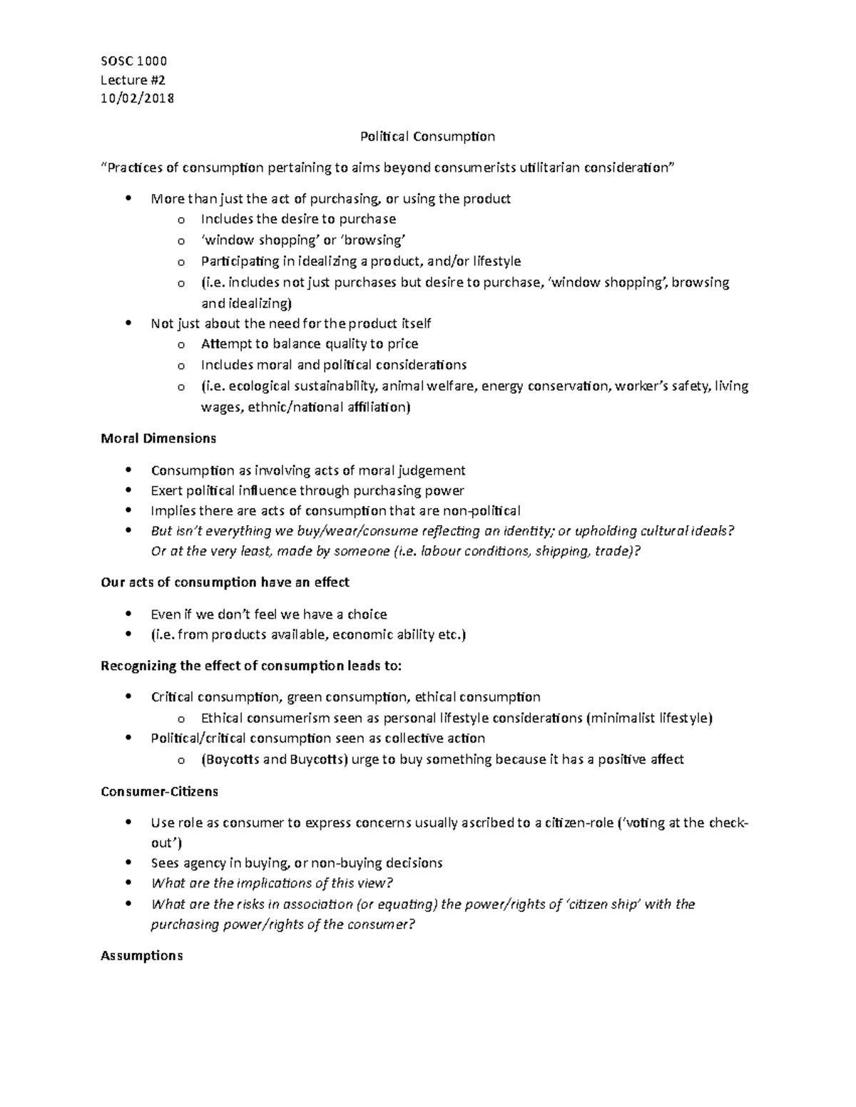 Political Consumption Lecture #2 - SOSC 1000 Lecture #2 10/02/2018 ...