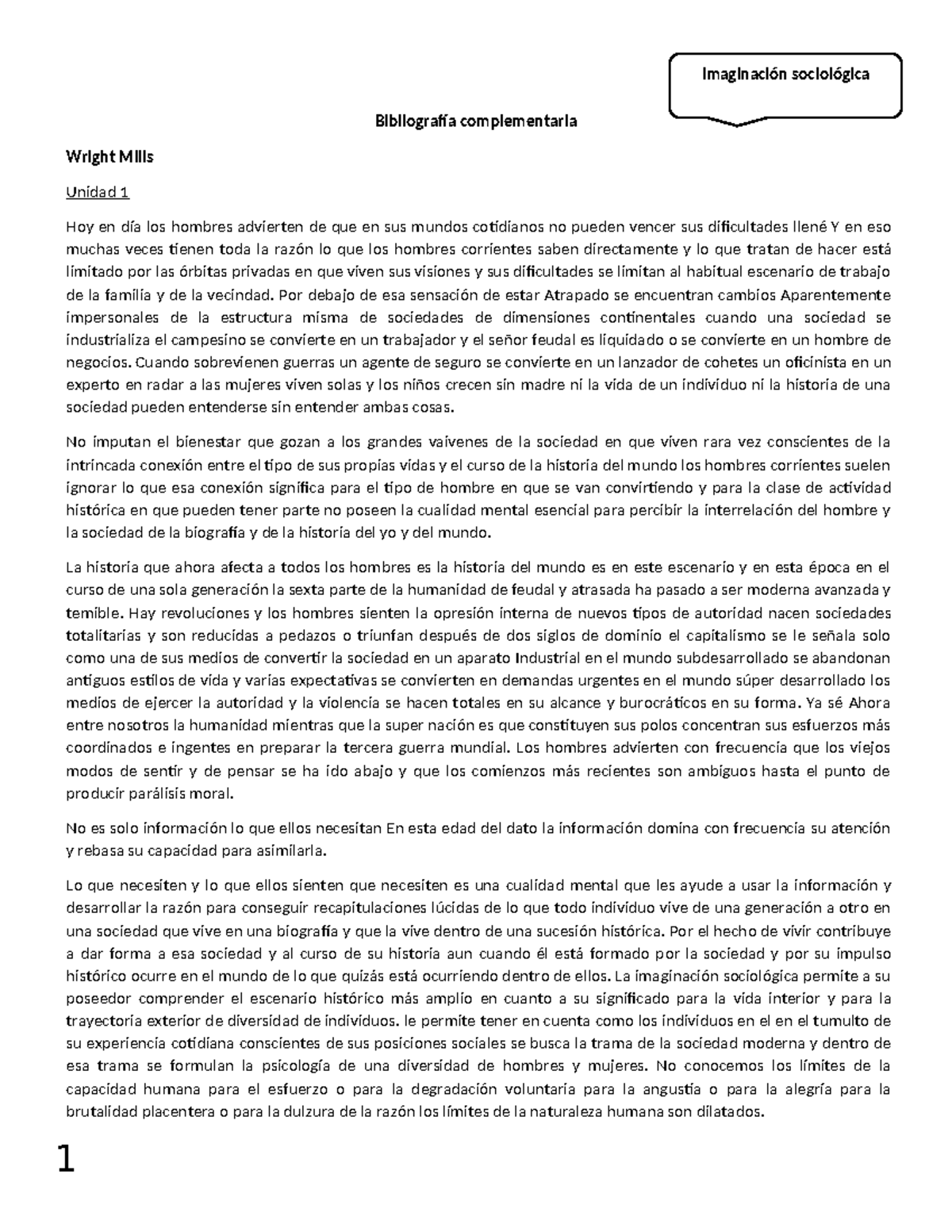 Bibliografía complementaria unidad 1 autor mills socioologia ...