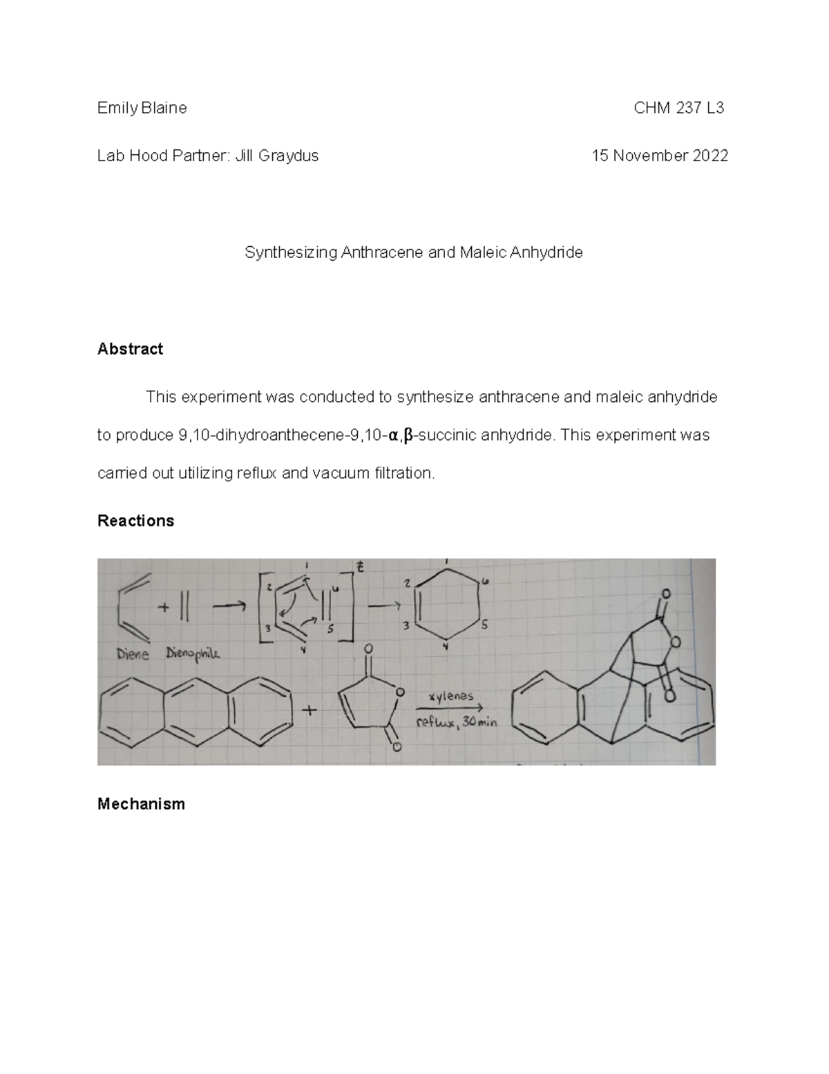 Diels-Alder Reaction Formal Lab Report L3 - Emily Blaine CHM 237 L Lab Hood Partner: Jill ...