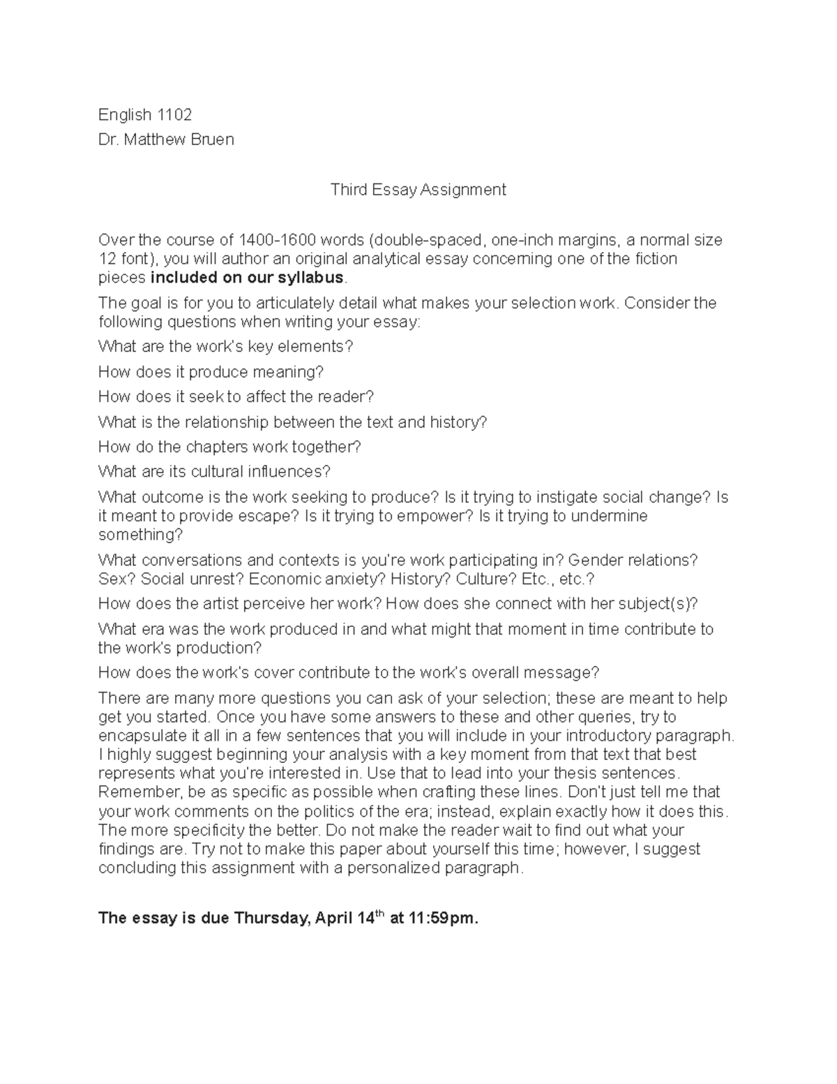 English 1102 Third Essay - English 1102 Dr. Matthew Bruen Third Essay ...