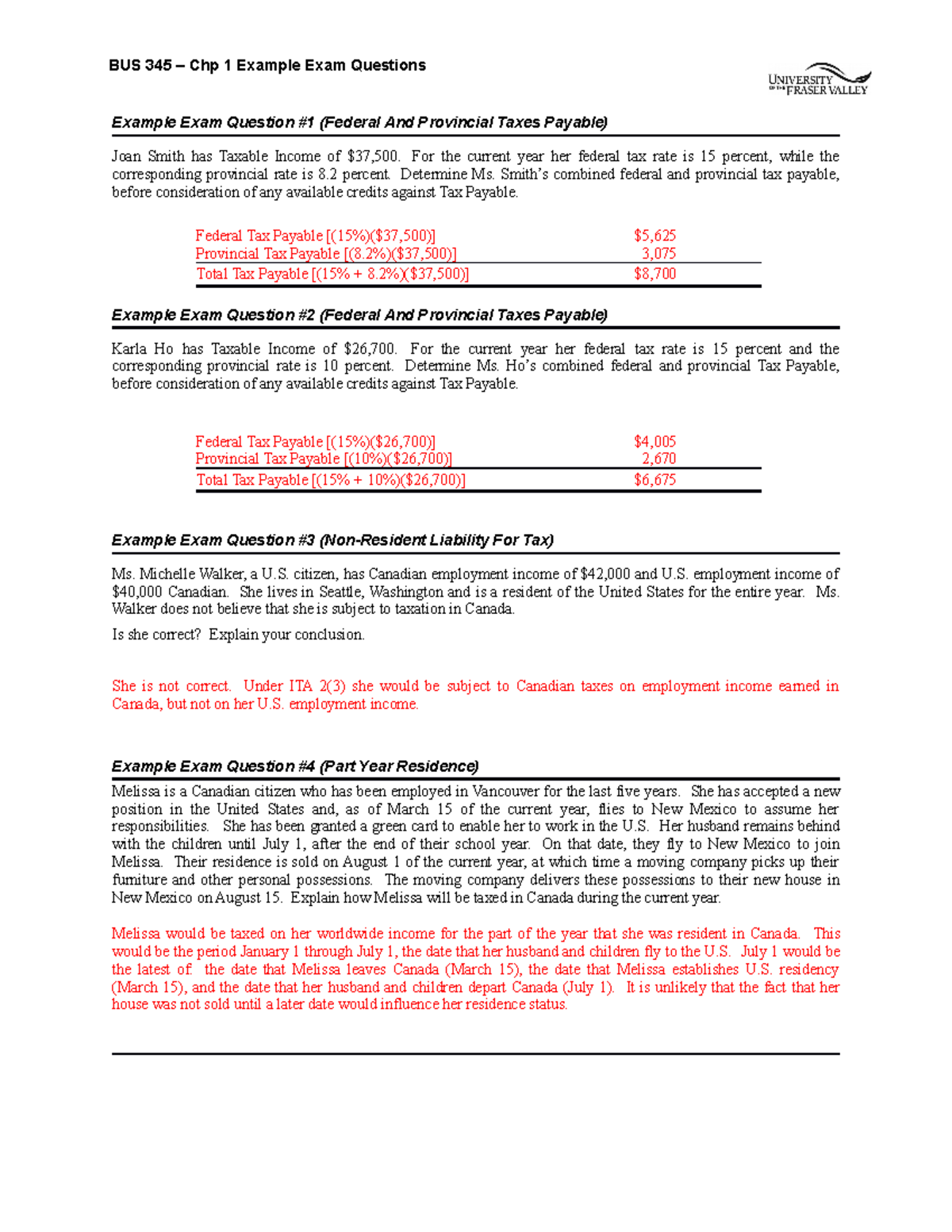 BUS 345 Chp 1 Example Exam Questions #1 - #6 - Answers - Example Exam ...