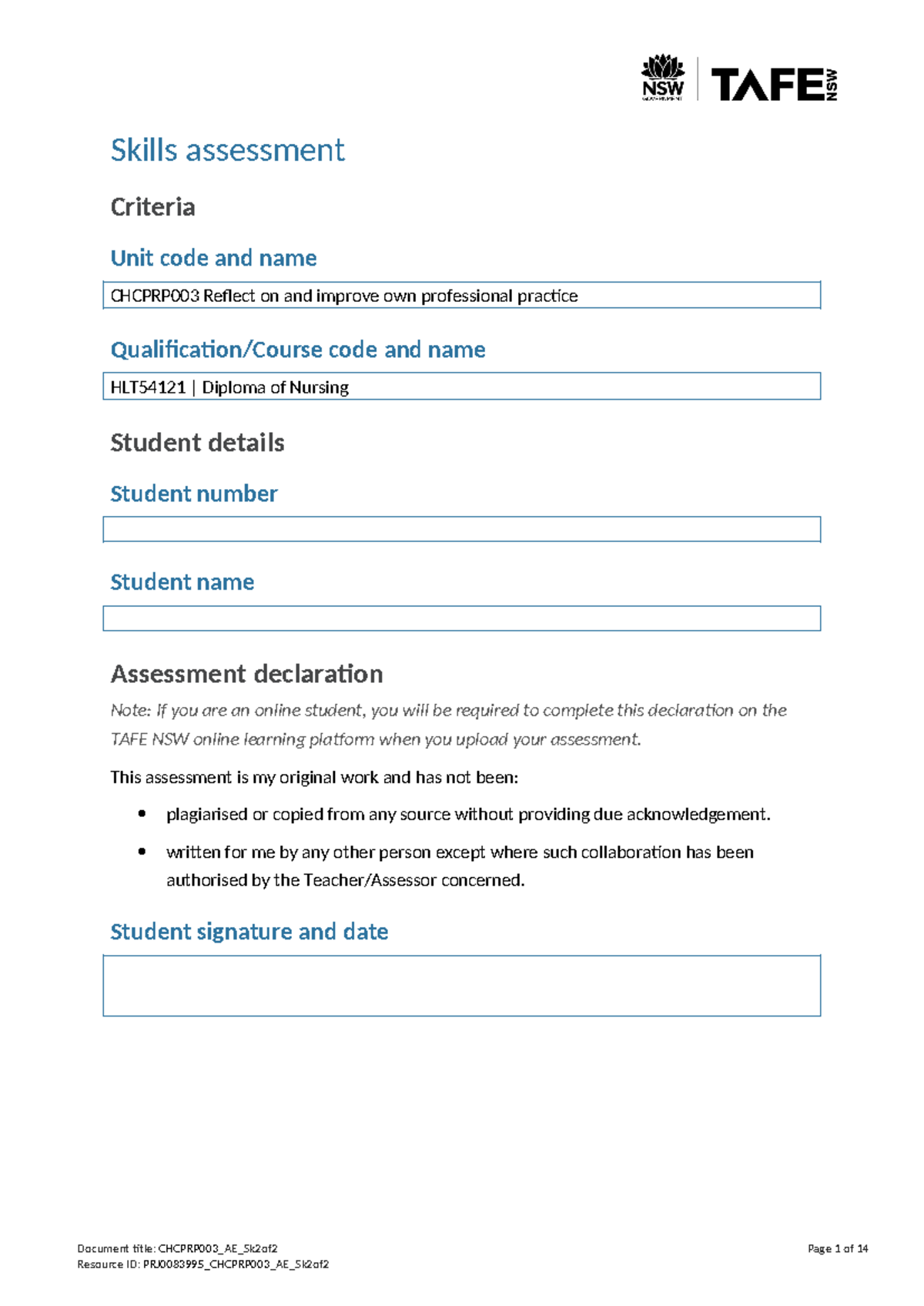 Chcprp 003 AE Sk2of2 upload - Skills assessment Criteria Unit code and ...