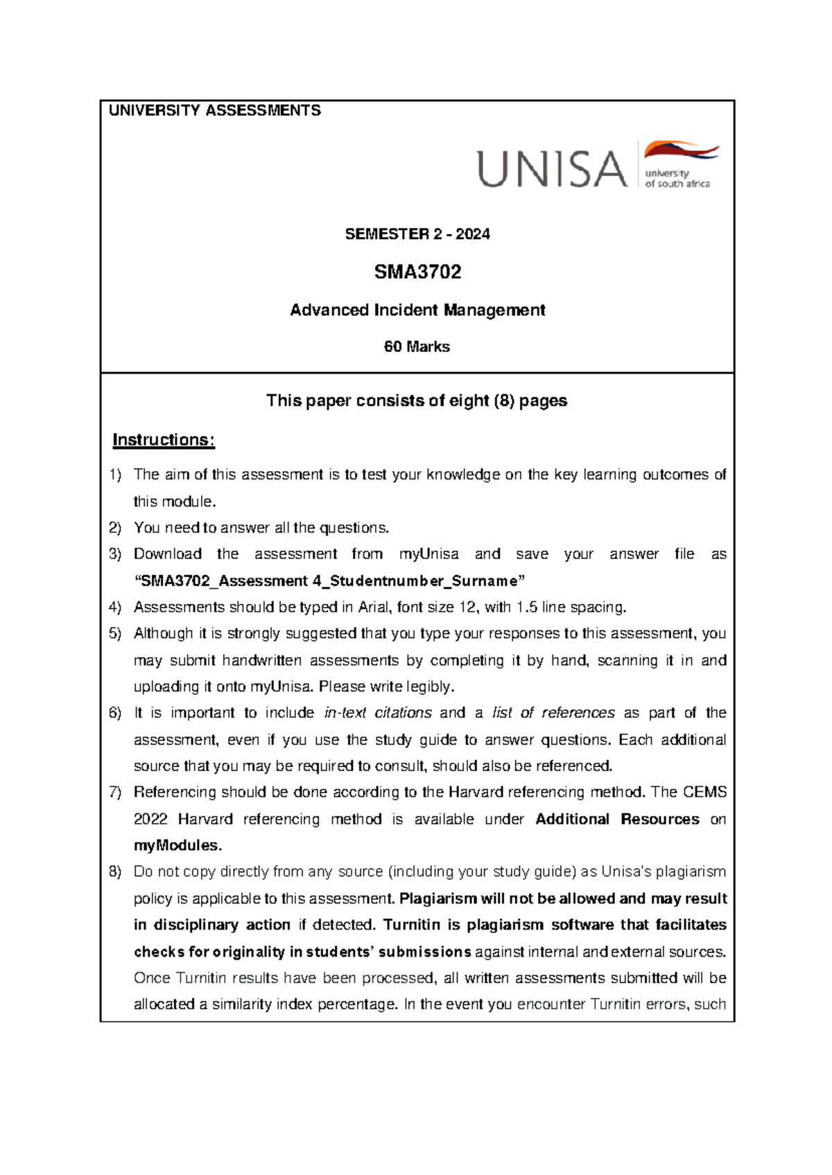 SMA3702 Assessment 4 Semester 2 2024 - UNIVERSITY ASSESSMENTS SEMESTER ...