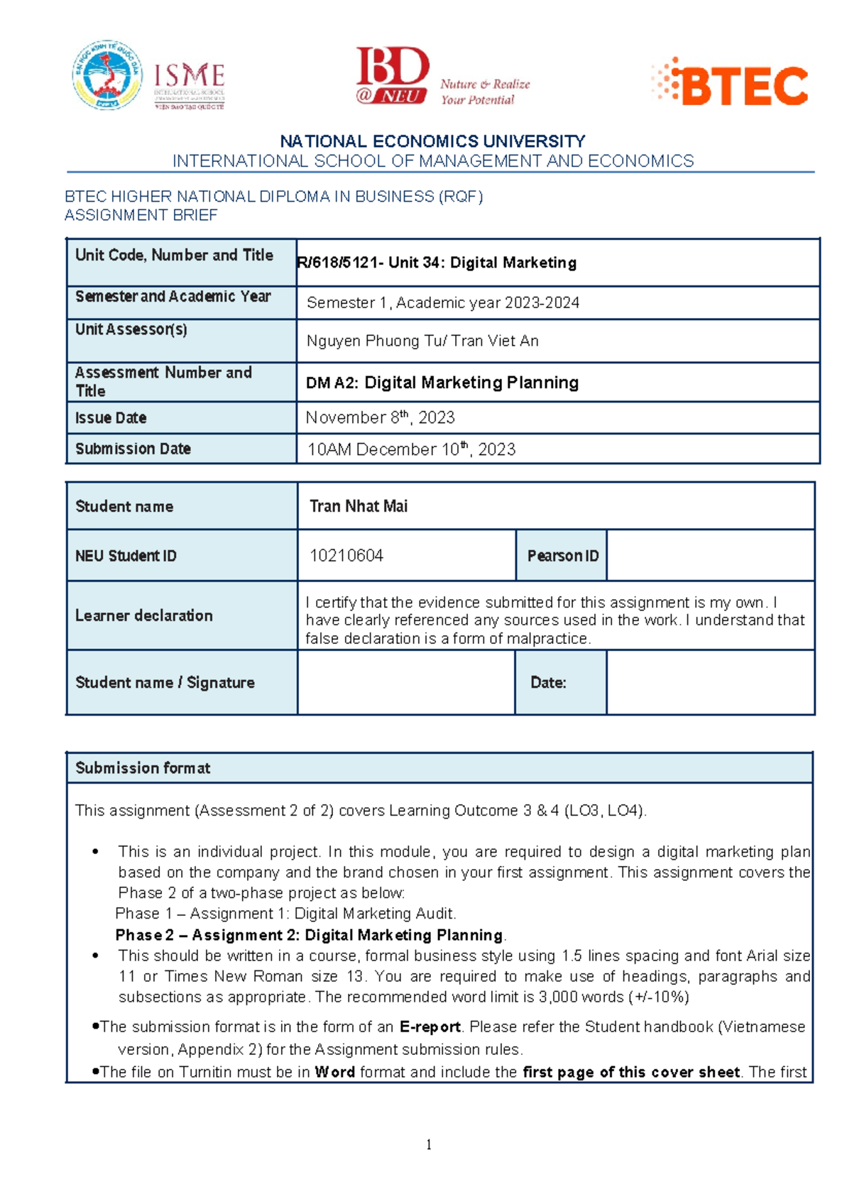 DM A2 F23........ - NATIONAL ECONOMICS UNIVERSITY INTERNATIONAL SCHOOL ...