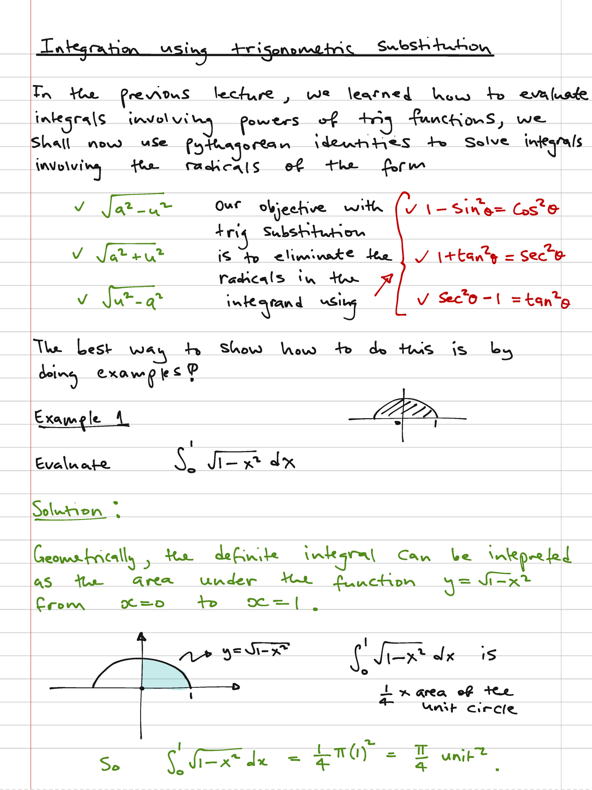 10 - Trig Substitution - INTERGRATION NOTES AND HOMEWORK PROBLEMS ...