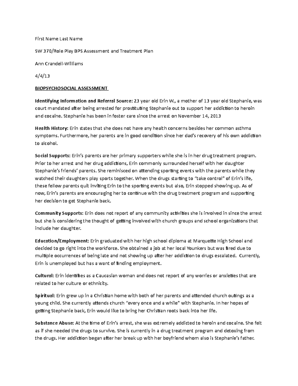 BPS Assessment and Treatment Plan Sample 23 - First Name Last Name SW ...