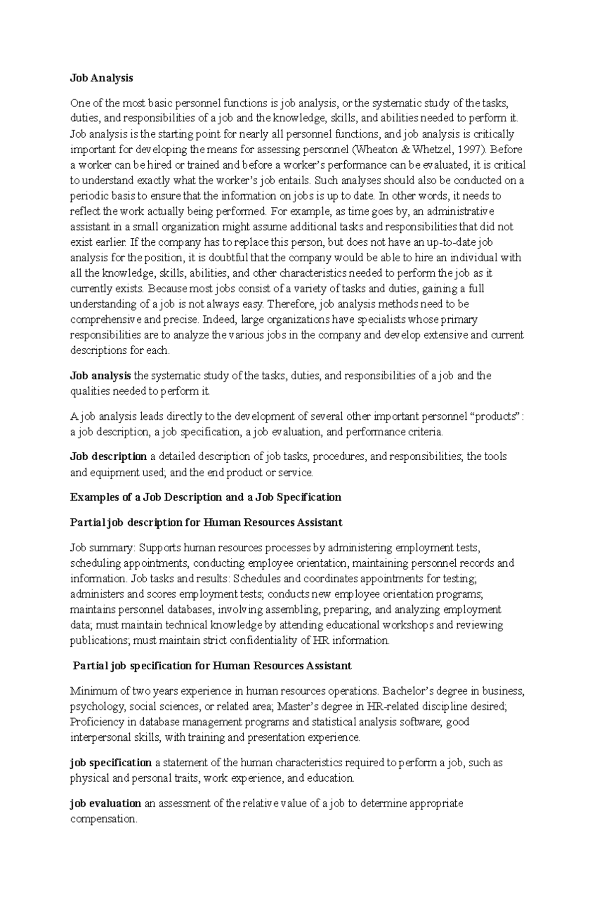 IO Chapter 2 - Job analysis - Job Analysis One of the most basic ...