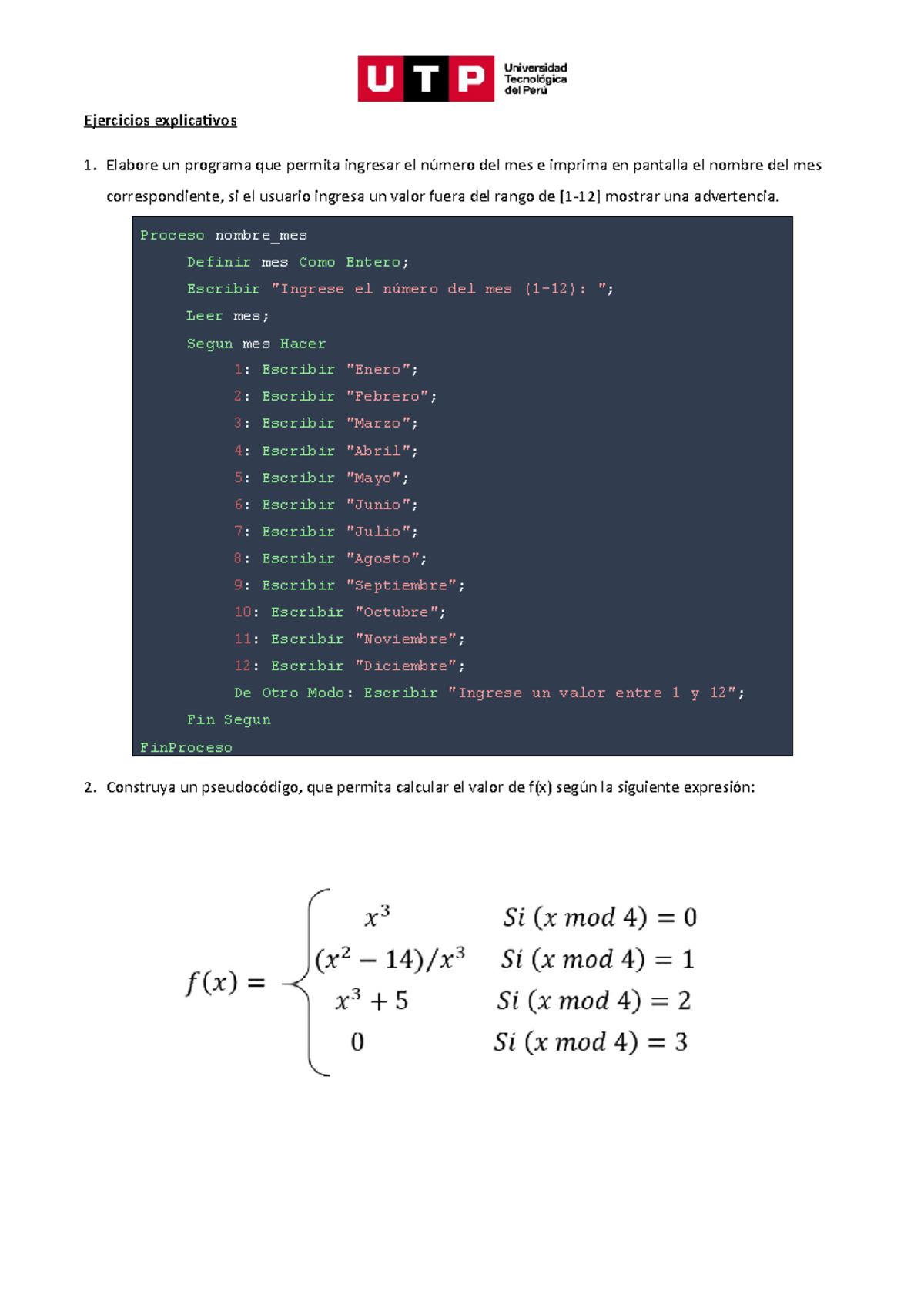 Ejercicios explicativo - semana 20 - Ejercicios explicativos 1. Elabore un programa que permita ...