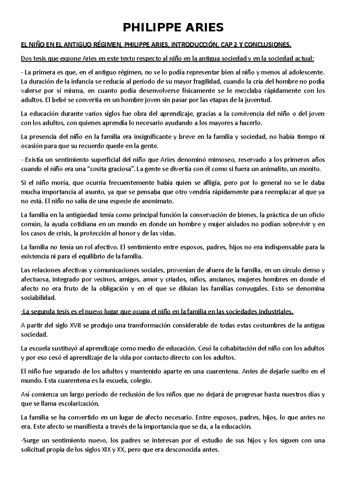 Resumen del bien - lkmlmlkl - PHILIPPE ARIES EL NIÑO EN EL ANTIGUO ...