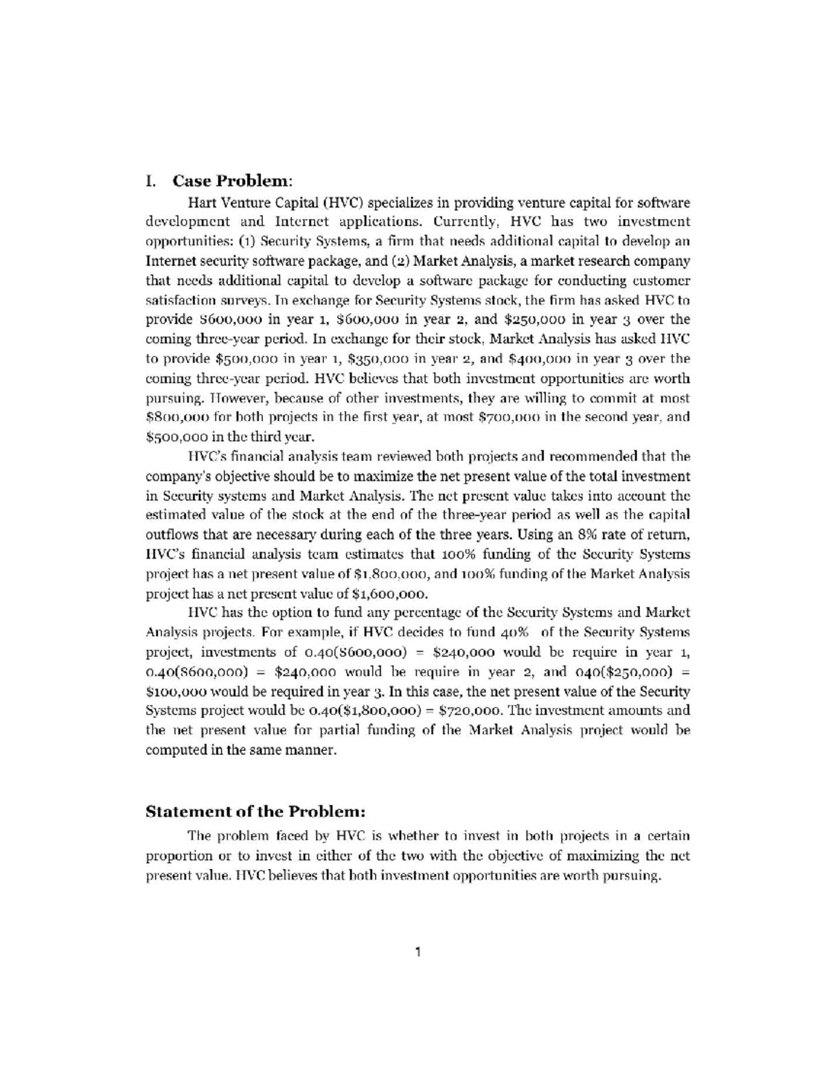 Last case study - I. Case Problem: Hart Venture Capital (HVC ...