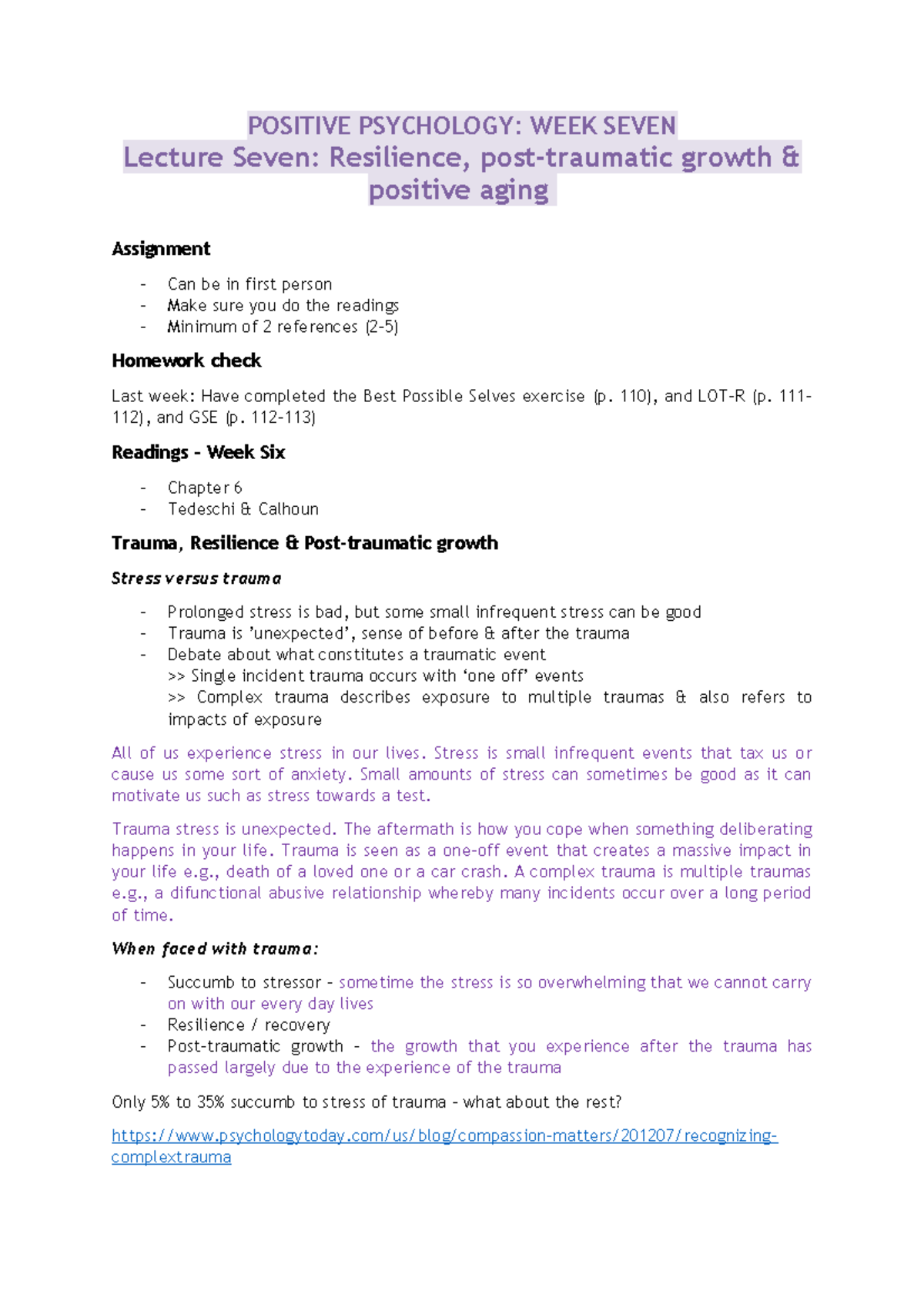 PP notes - W7 - Trauma, Resilience, Post-traumatic growth, and Positive ...