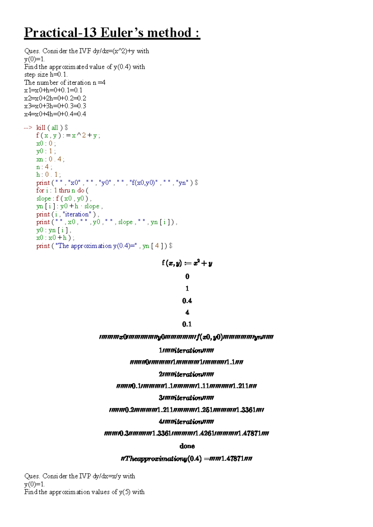 Practical-13 Euler Method - Practical-13 Euler’s method : Ques ...