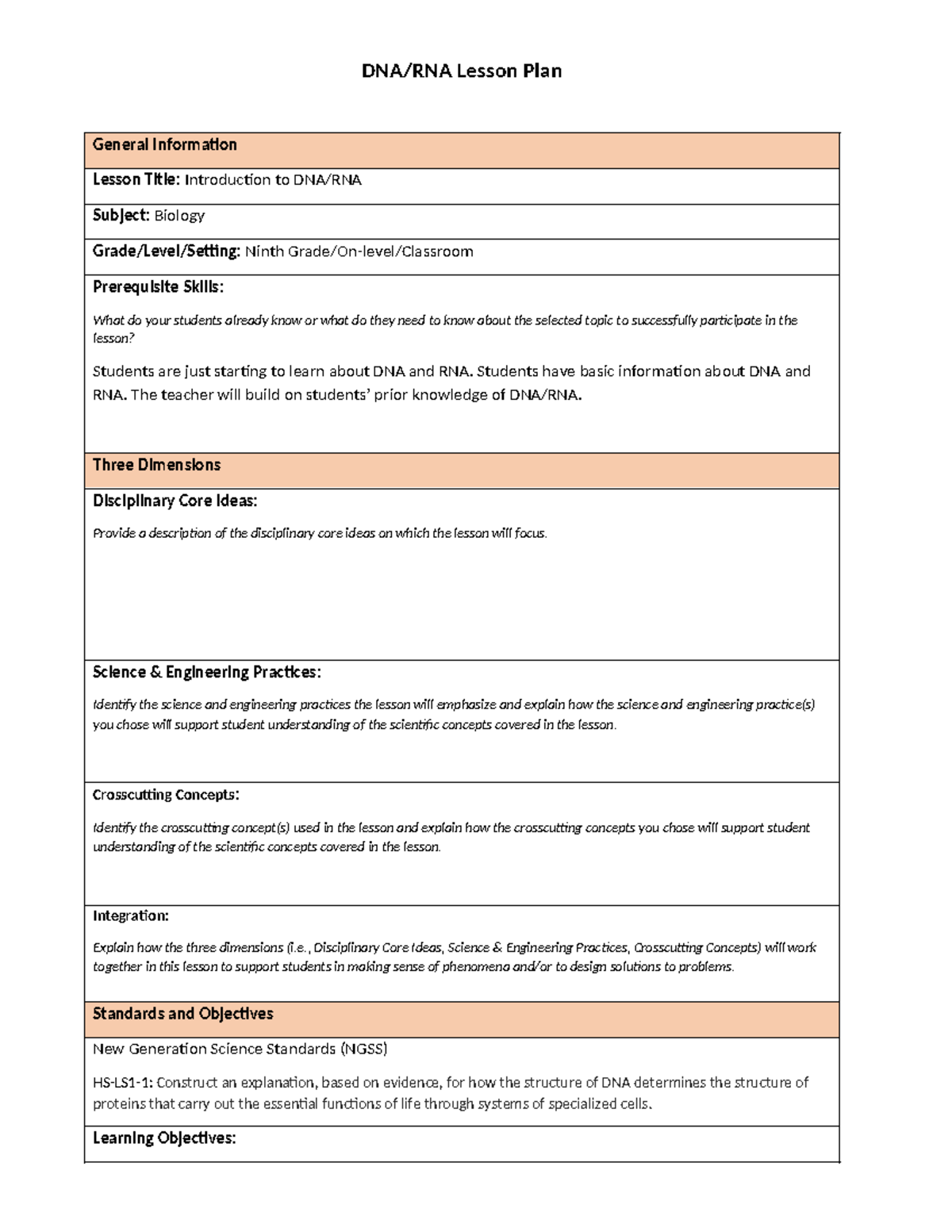 Biology 5E Science Lesson Plan - DNA/RNA Lesson Plan General ...