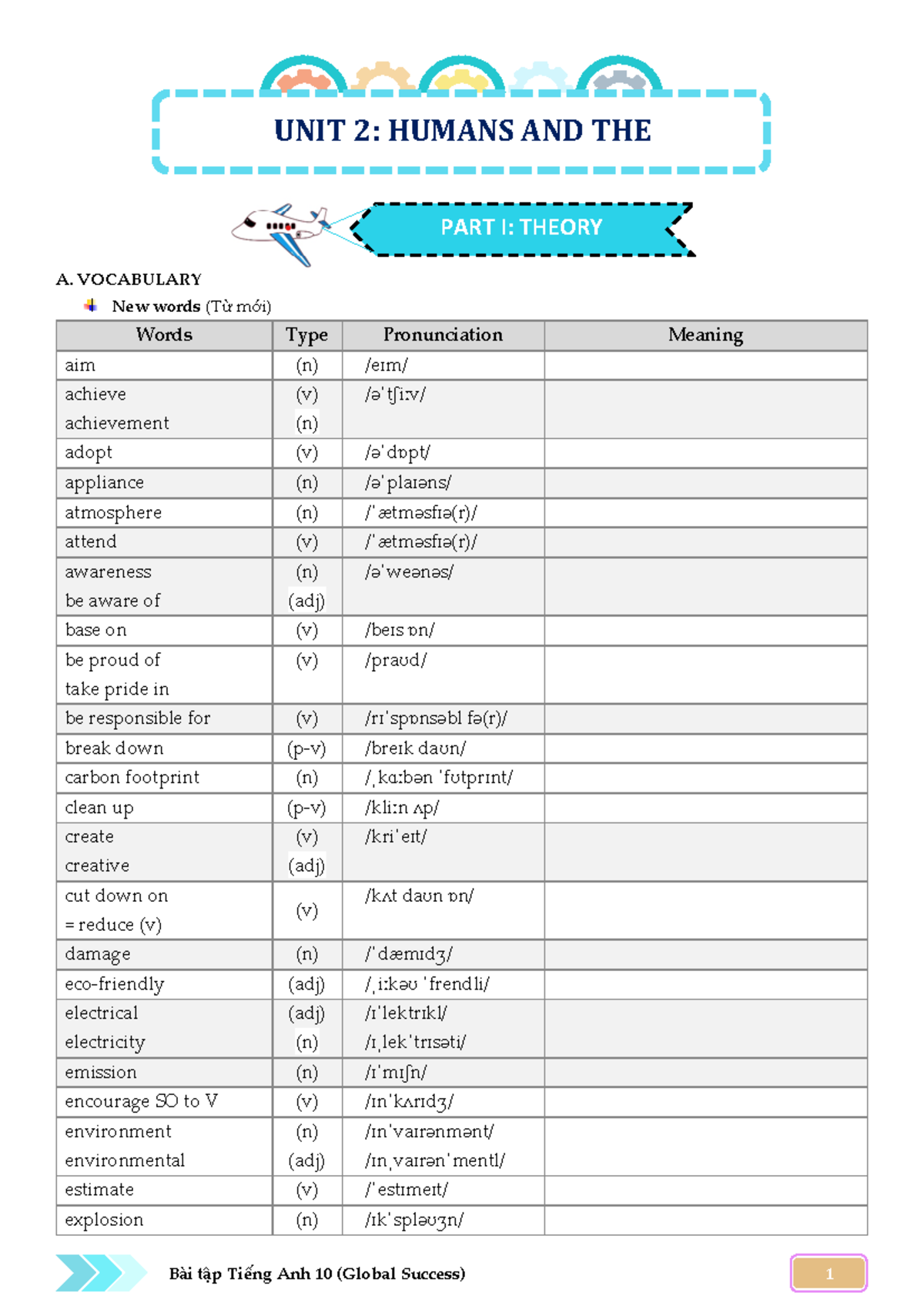 Unit 2 (Global 10) (HS) - Practice - A. VOCABULARY New words (Từ mới ...