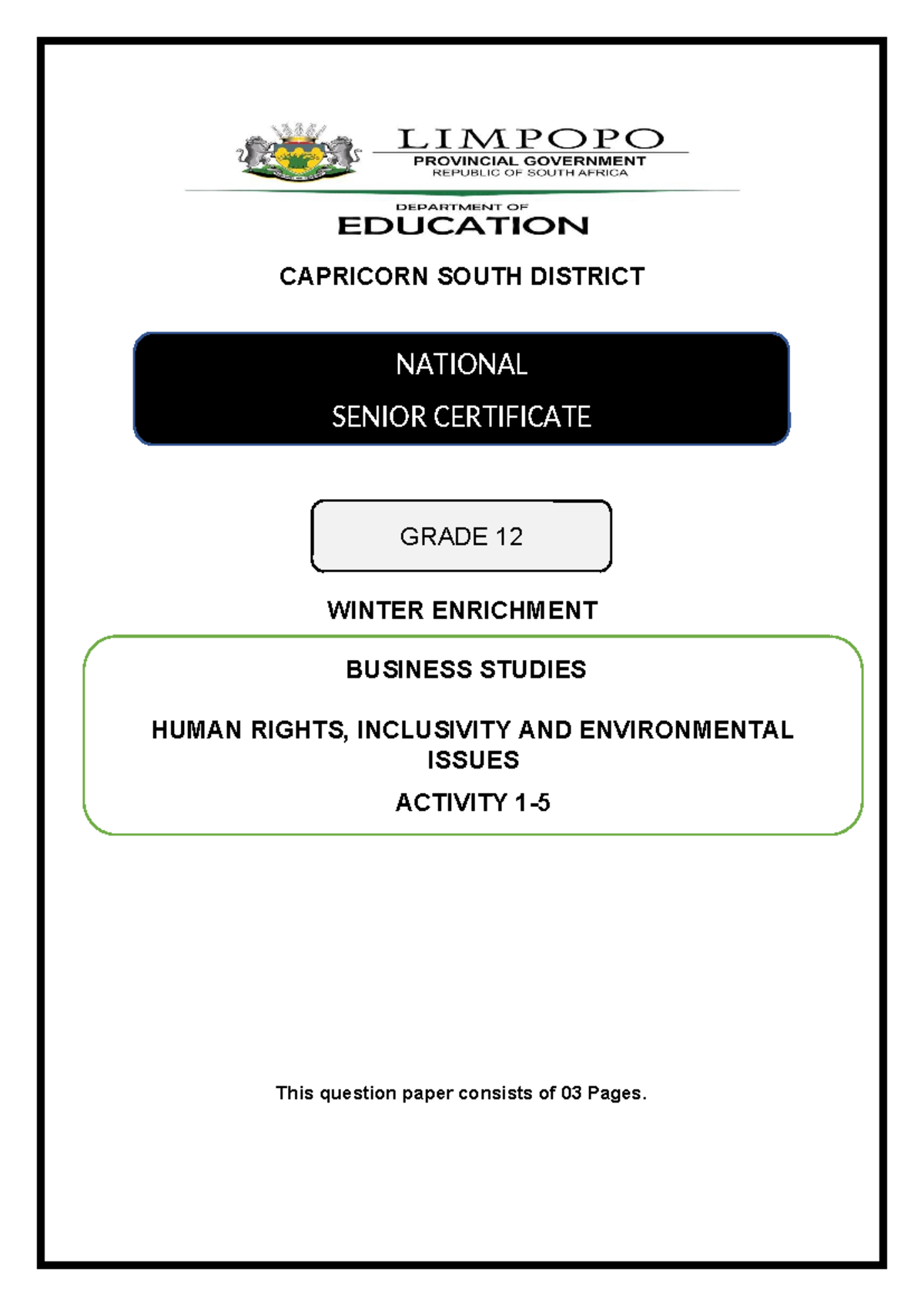 Activity 1-5 Human Rights, Inclusivity AND Environmental Winter ...