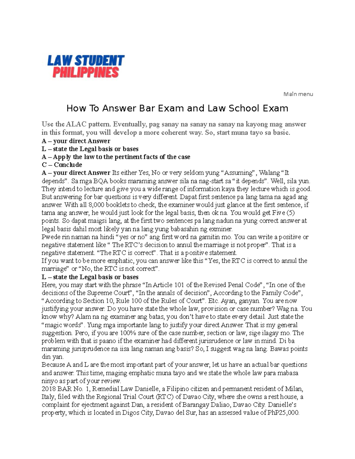 How To Answer Bar Exam and Law School Ex - Main menu How To Answer Bar ...