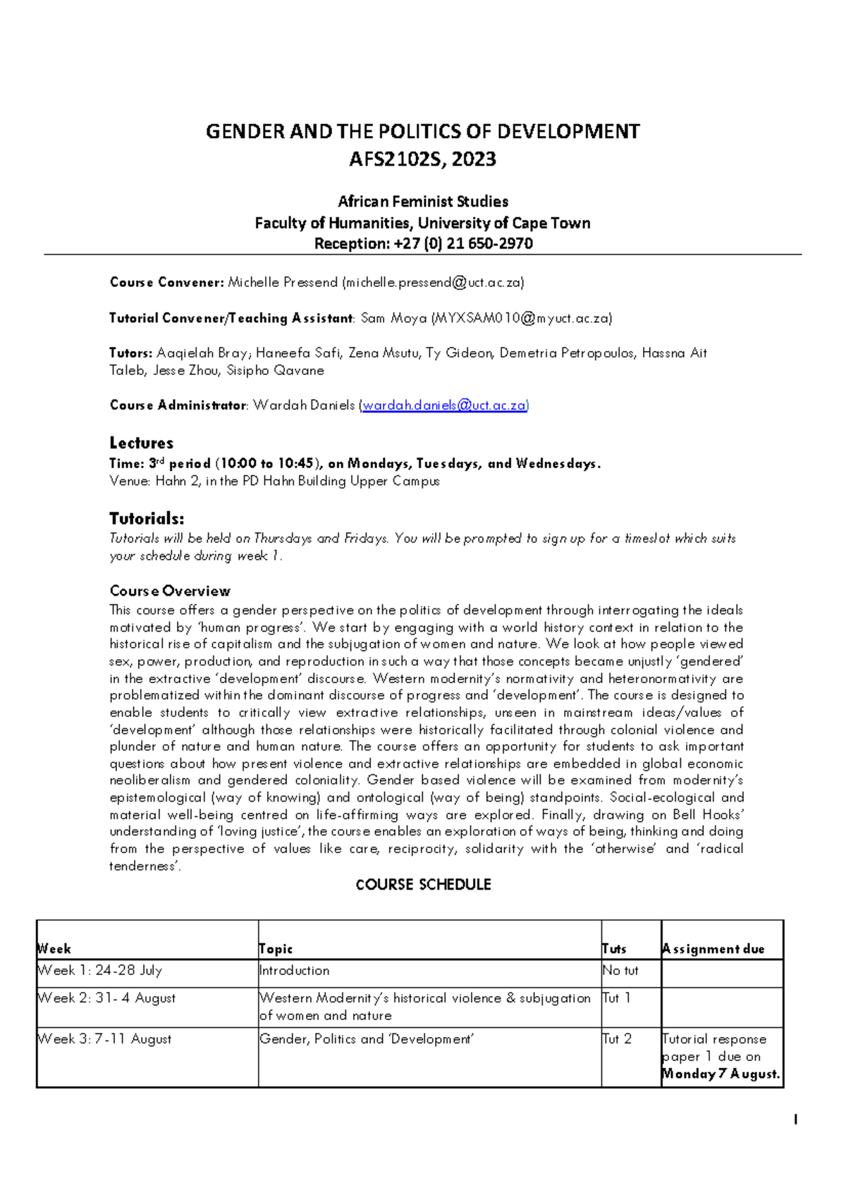 AFS 2102S Gender AND THE Politics OF Development Final Draft ...