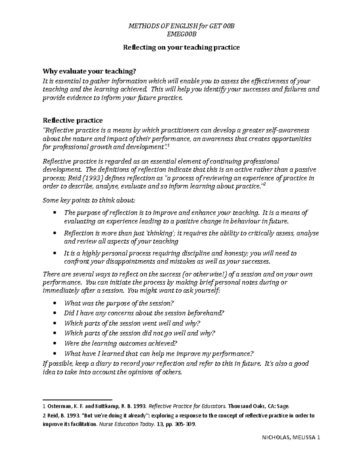 Reflection Guidelines - EMEG00B Reflecting on your teaching practice ...
