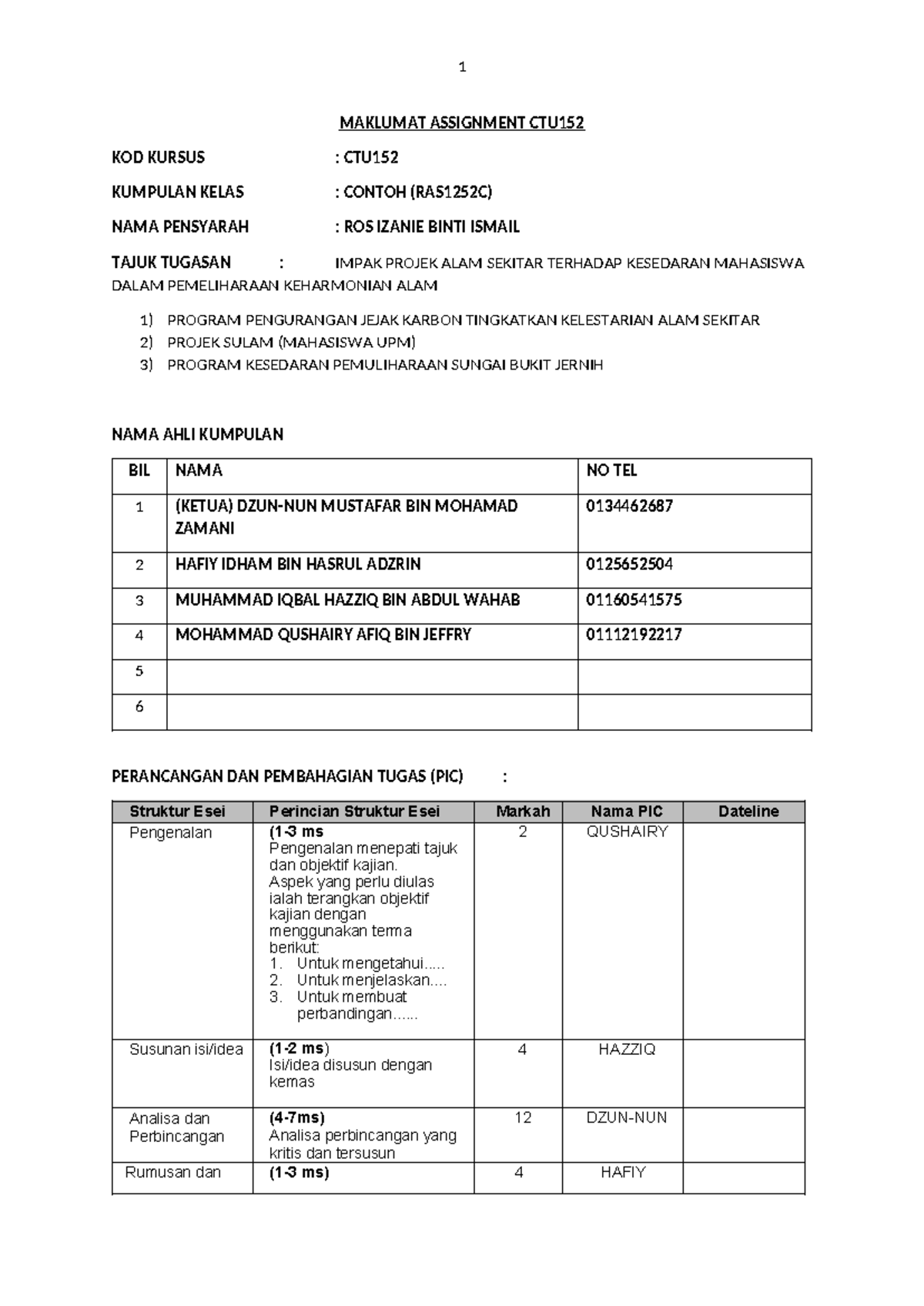 CTU152- Groupdzun-NUN - 1 MAKLUMAT ASSIGNMENT CTU KOD KURSUS : CTU ...