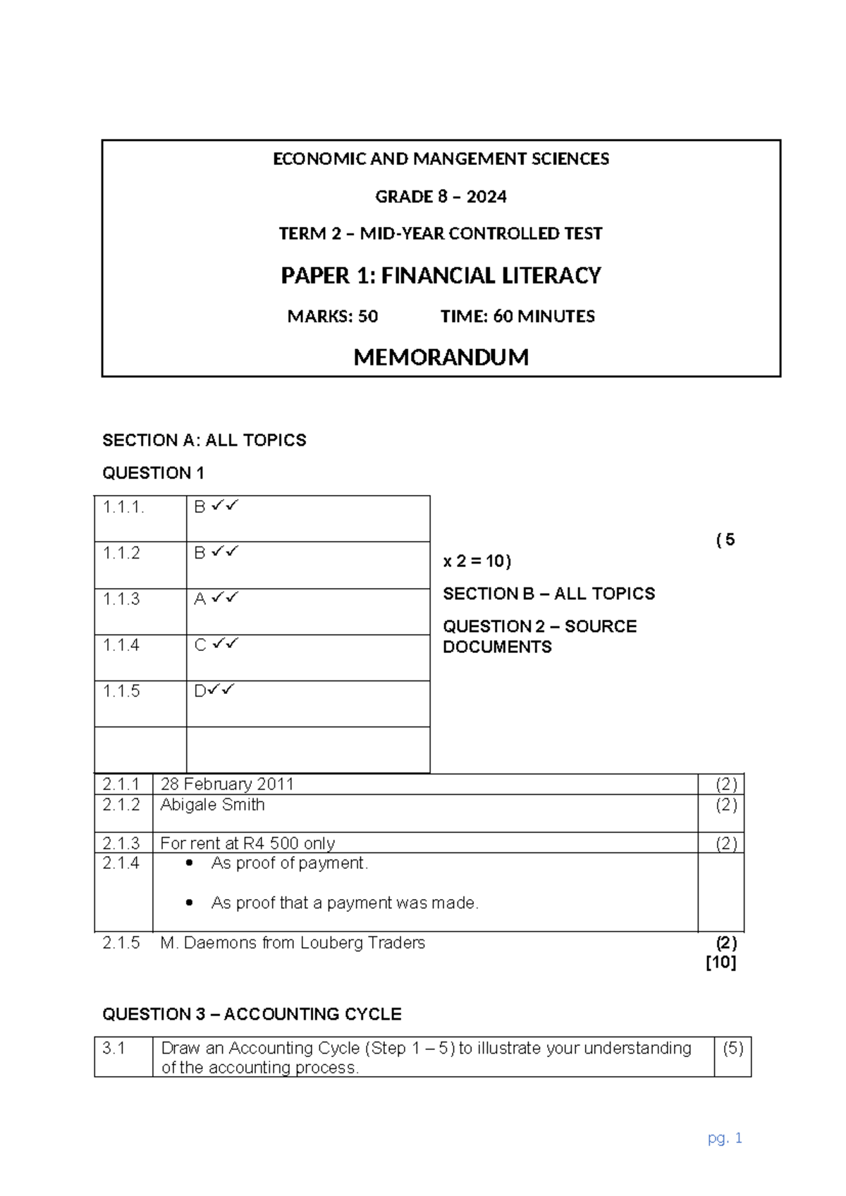 Grade 8 - June 2024 - MEMO - Paper 1 - SECTION A: ALL TOPICS QUESTION 1 ...