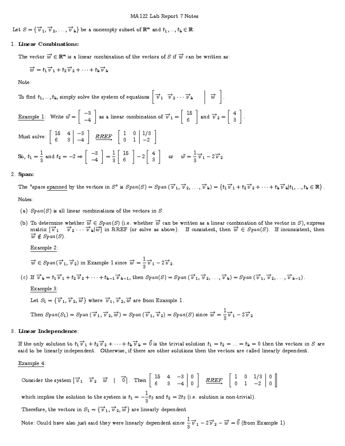 MA122 S23L7 Notes - MA122 Lab Report 7 Notes Let S = f ! v 1 ; ! v 2 ...
