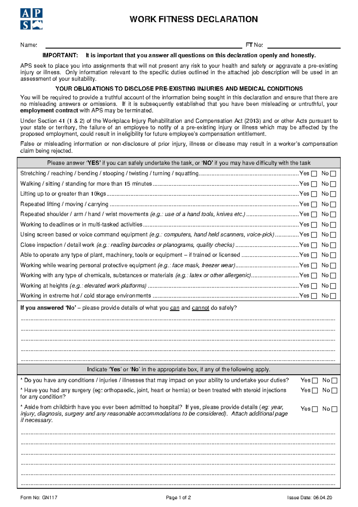 Microsoft Word - GN117 - Work Fitness Declaration - WORK FITNESS ...