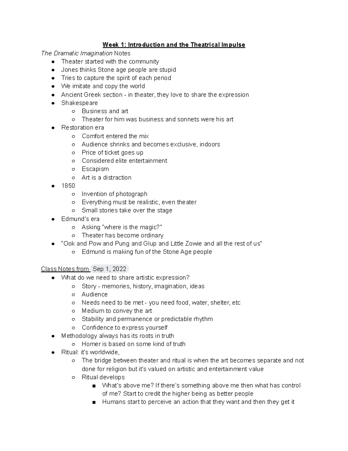 Week 1 Introduction and the Theatrical Impulse - Week 1: Introduction and the Theatrical Impulse ...