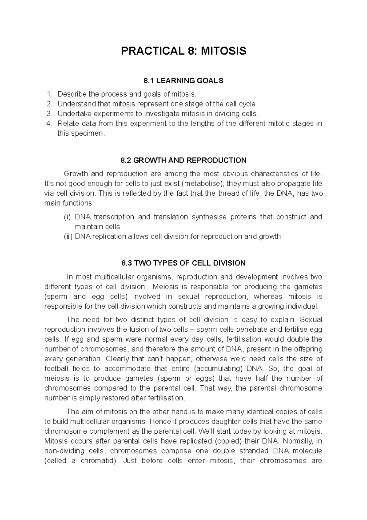 4. Prac 8 instructions - pract - PRACTICAL 8: MITOSIS 8 LEARNING GOALS ...