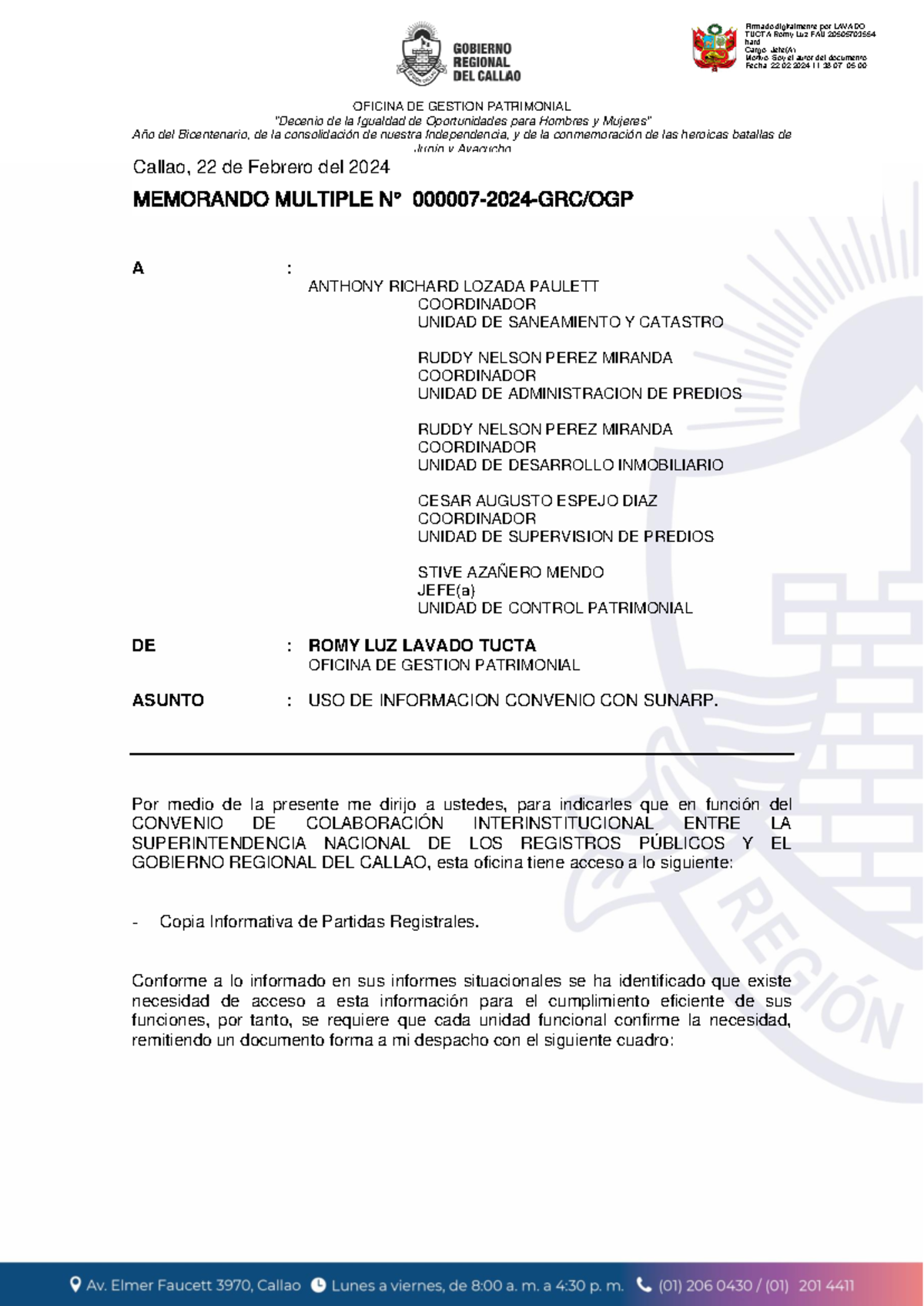 Memorando Multiple 2024 - OFICINA DE GESTION PATRIMONIAL "Decenio de la ...