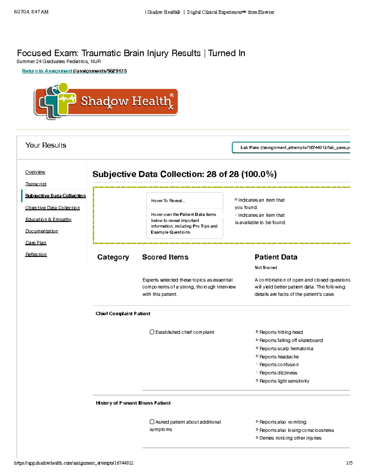 TBI focused exam - SHADOW HEALTH - Focused Exam: Traumatic Brain Injury ...