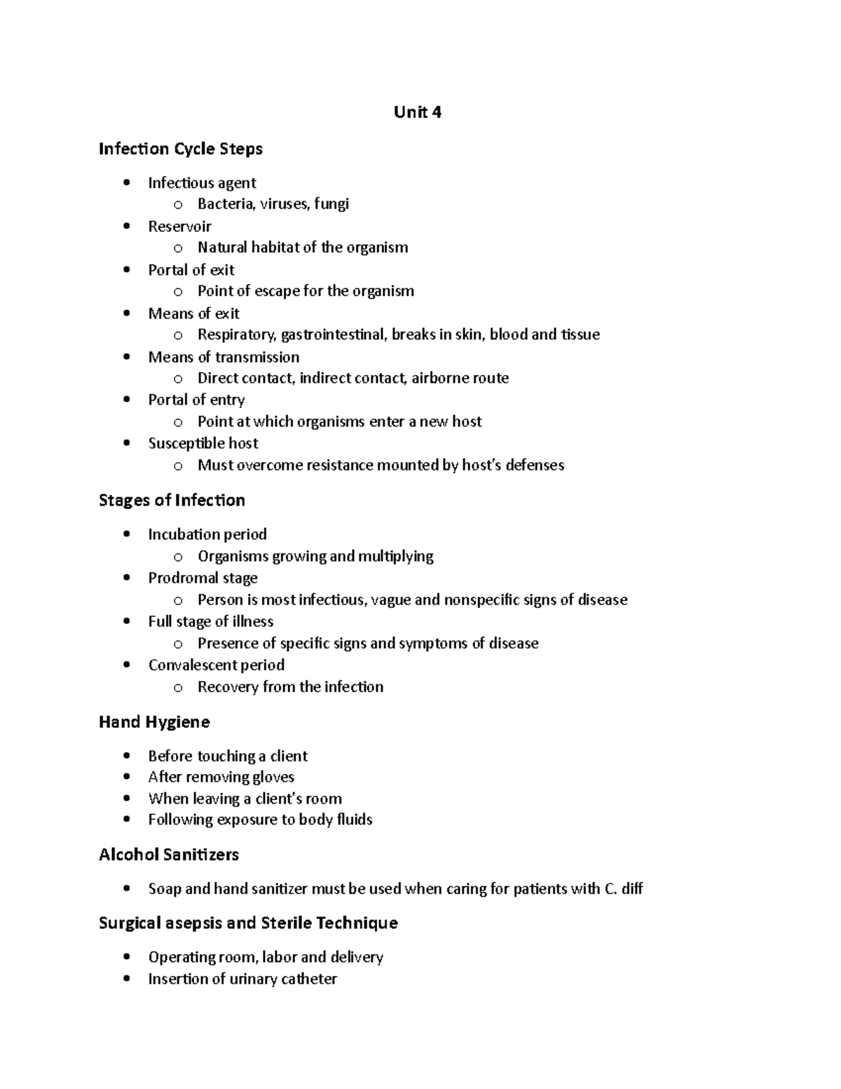 Fundamentals of Nursing Unit 4 Study Guide - Unit 4 Infection Cycle ...