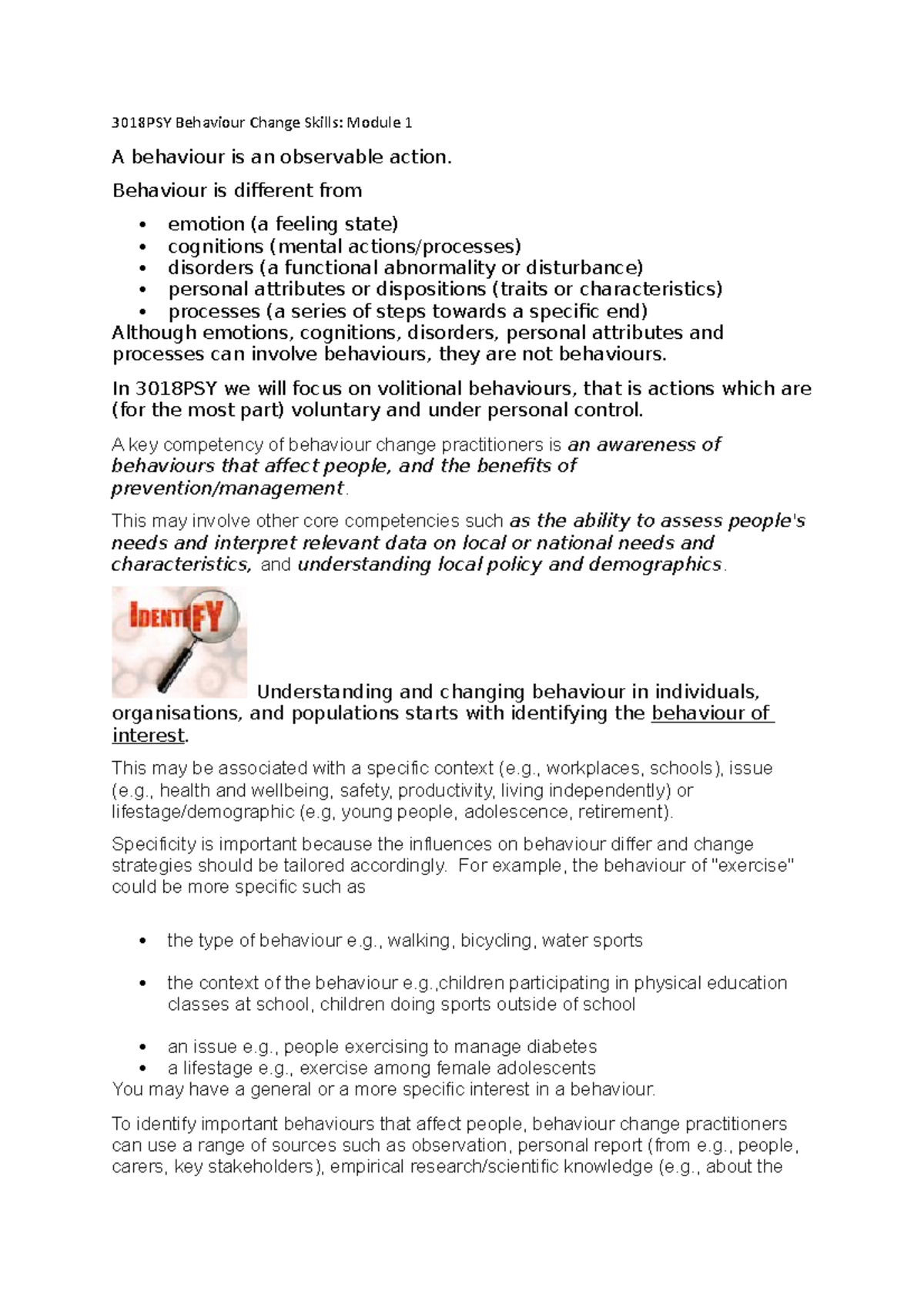 3018PSY Behaviour Change Skills - Behaviour is different from emotion (a feeling state) - Studocu