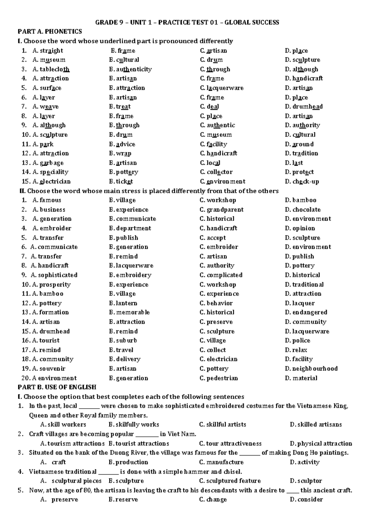 Grade 9 - Unit 1 - NE - practice test 01 - Global Success - GRADE 9 ...