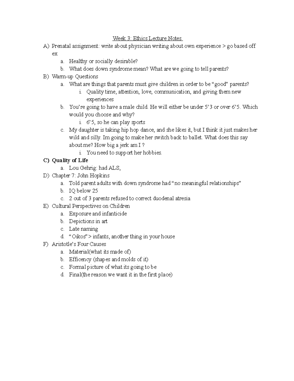 Week 3 Lecture Notes On Ethics And Quality Of Life Week 3 Ethics Lecture Notes A Prenatal