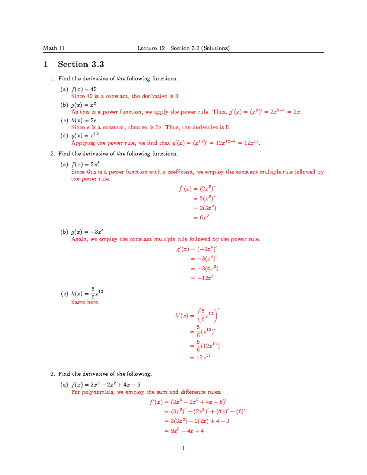 Lecture 12 solutions - Math 11 Lecture 12 - Section 3 (Solutions) 1 Section 3. Find the ...