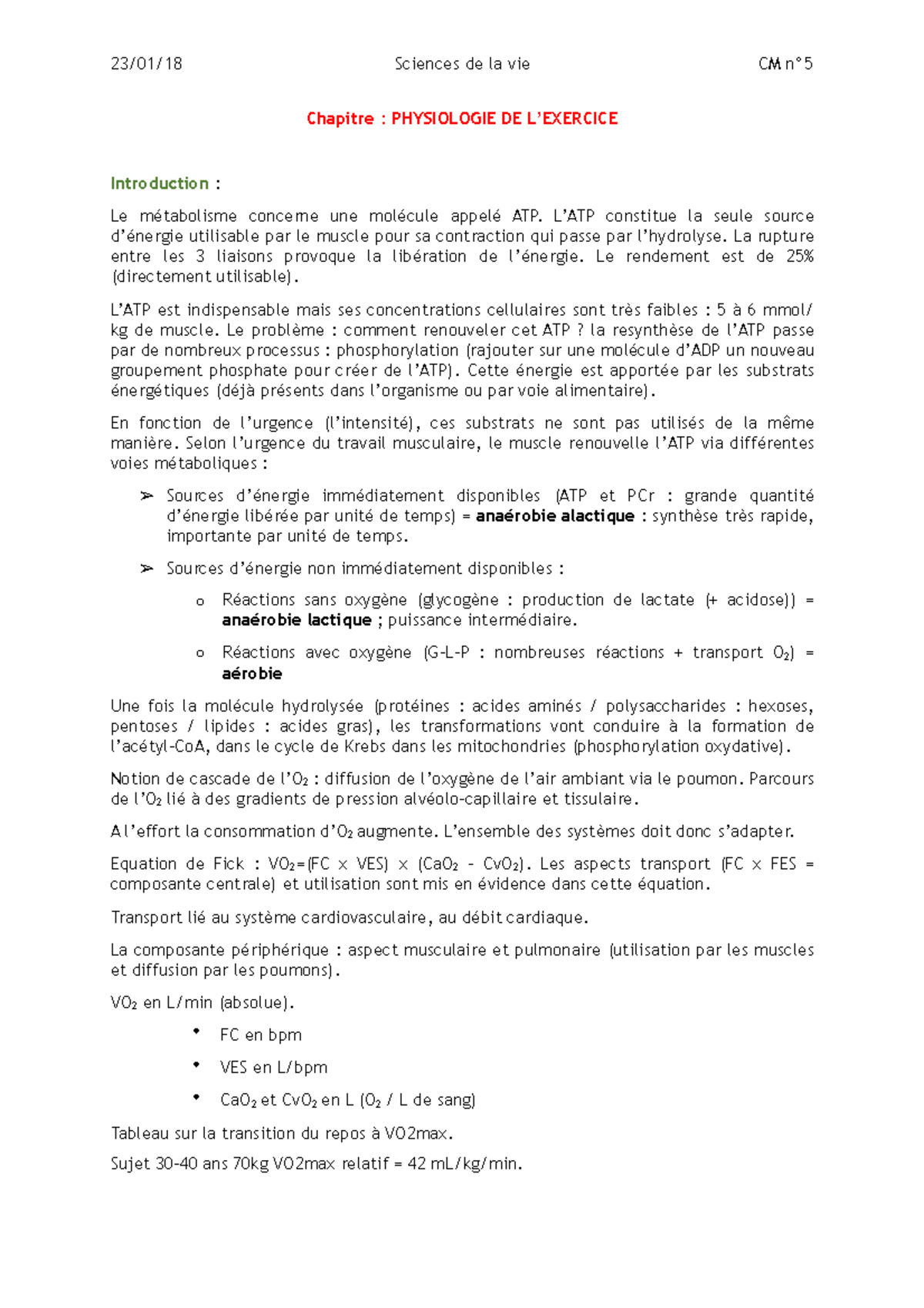 Physio exercice chap 2 - cours - Chapitre : PHYSIOLOGIE DE L’EXERCICE Introduction : Le ...