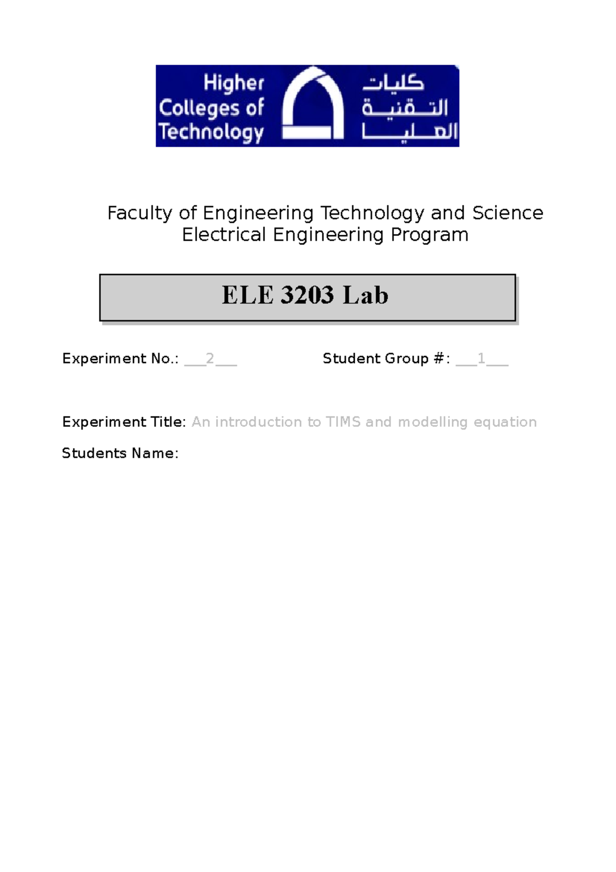 Lab2 - Faculty of Engineering Technology and Science Electrical Engineering Program Experiment ...