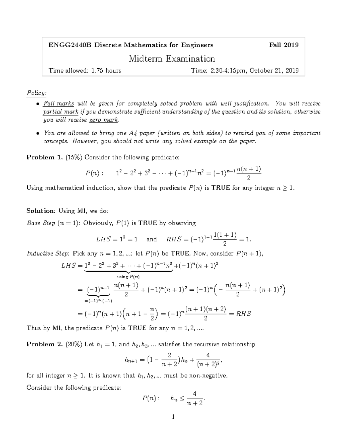 Engg2440 fall2019 midterm exam solutions - ENGG2440B Discrete Mathematics for Engineers Fall ...