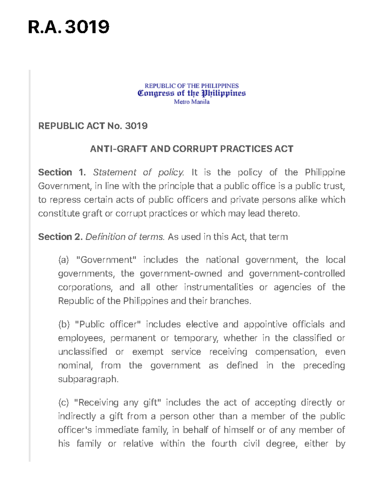R.A. 3019 - This law sets out the specific prohibited acts of public ...