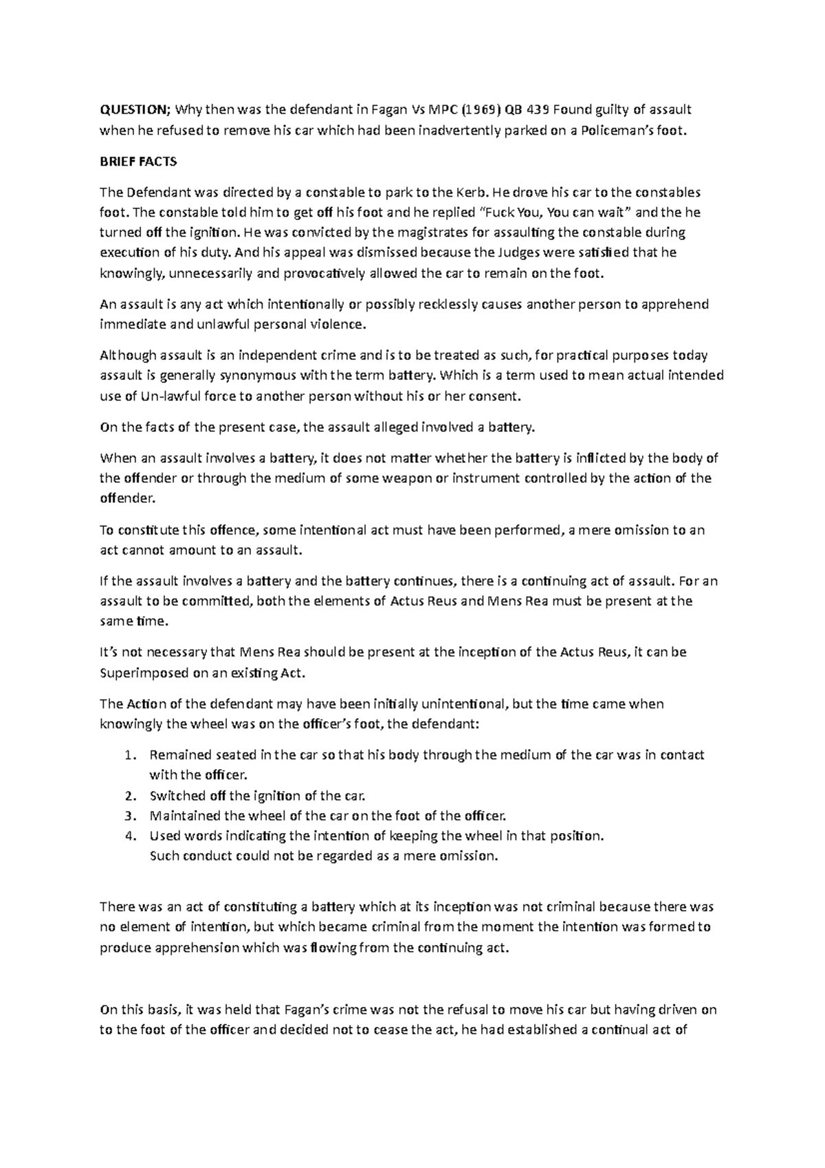 Fagan v MPC - the coincidence of men's rea and actus reus - QUESTION ...