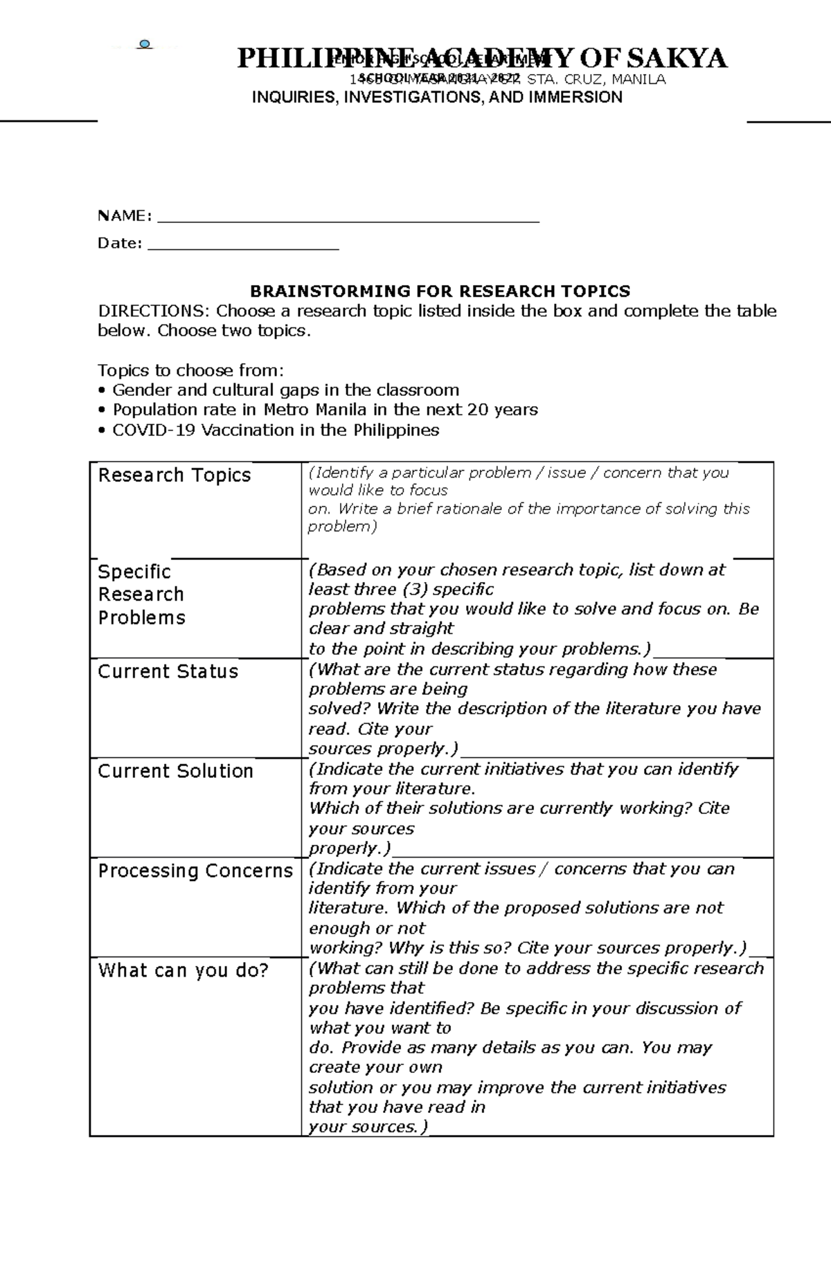 Brainstorming for Research Topics - S ENIOR HIGH SCHOOL DEPARTMENT ...