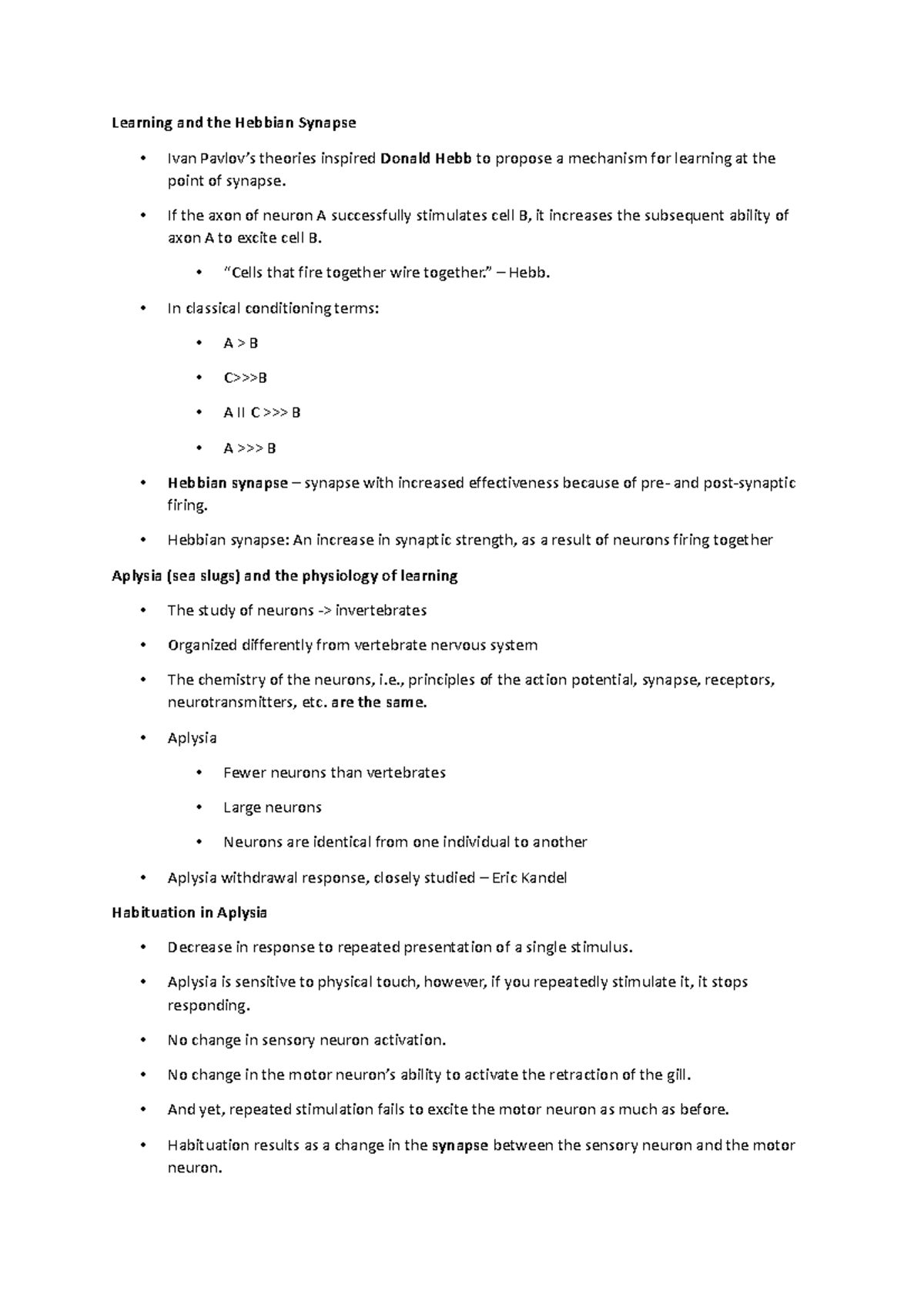Memory Lecture 4 - Learning and the Hebbian Synapse - Ivan Pavlov’s ...