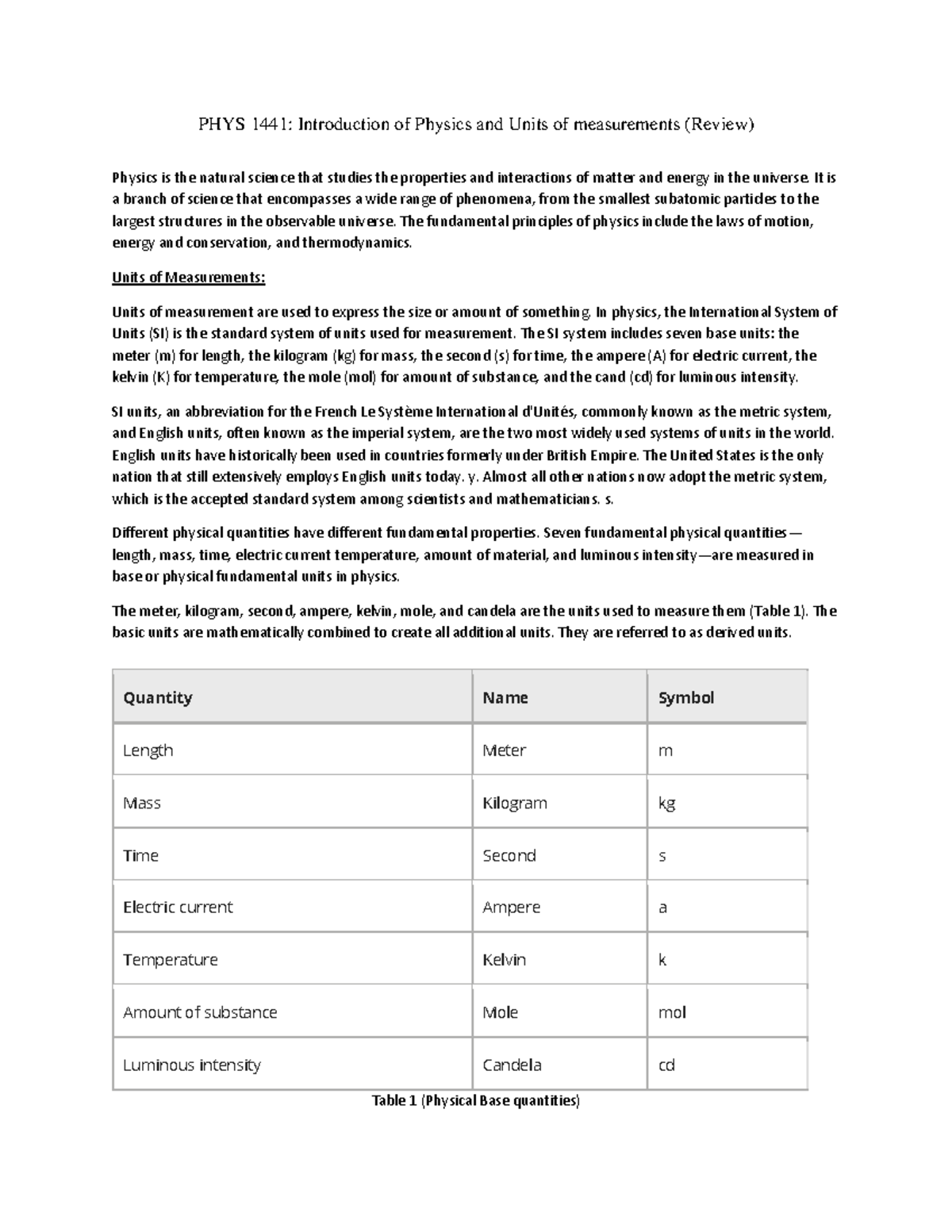Measurement Units and Physical Quantities - PHYS 1441: Introduction of Physics and Units of ...