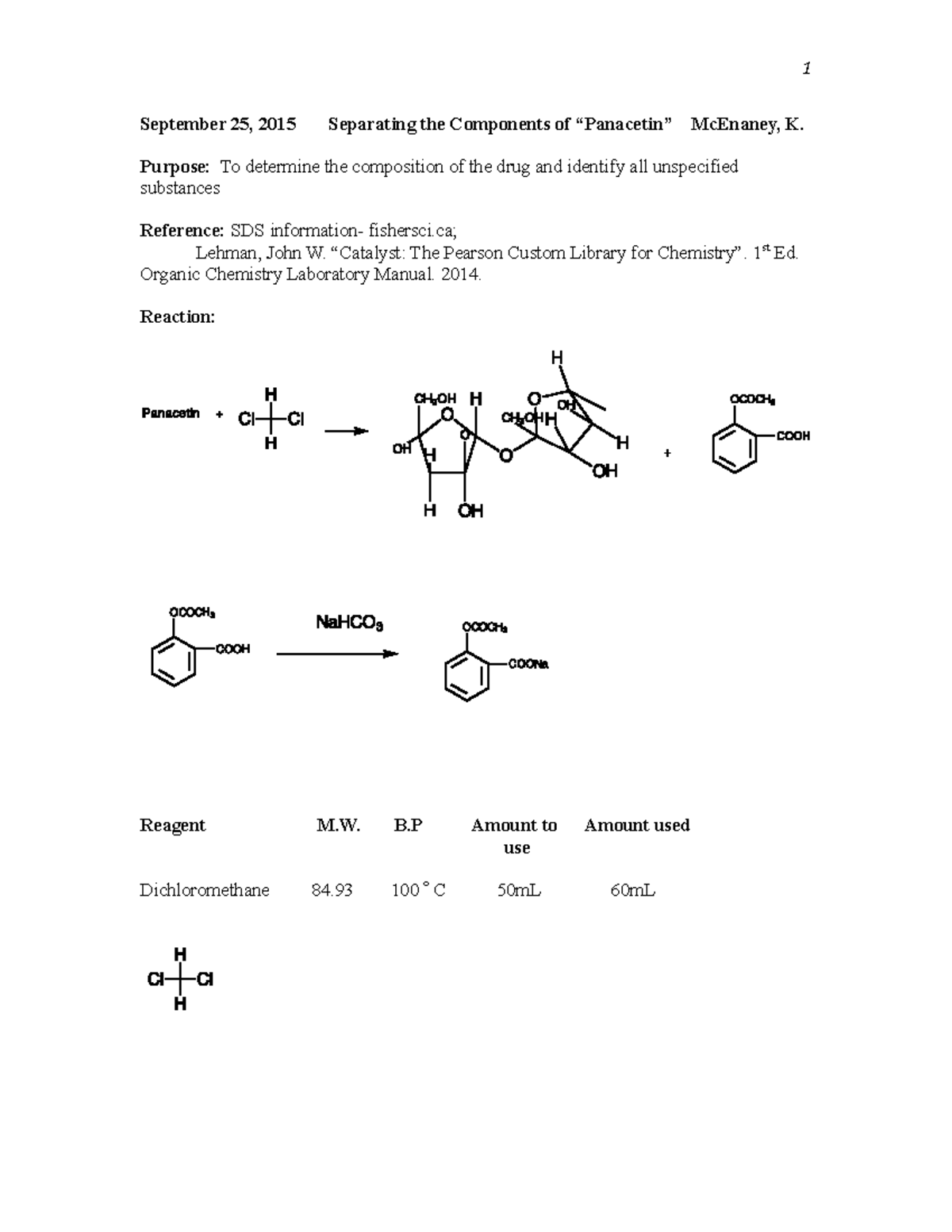 Panacetin post lab - tripp - September 25, 2015 Separating the Components of “Panacetin ...