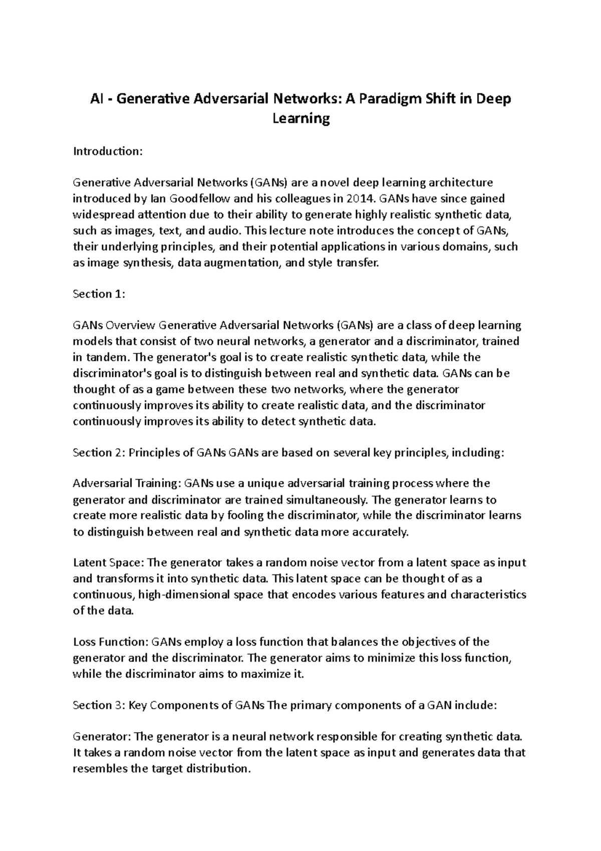 AI - Generative Adversarial Networks- A Paradigm Shift in Deep Learning - AI - Generative - Studocu